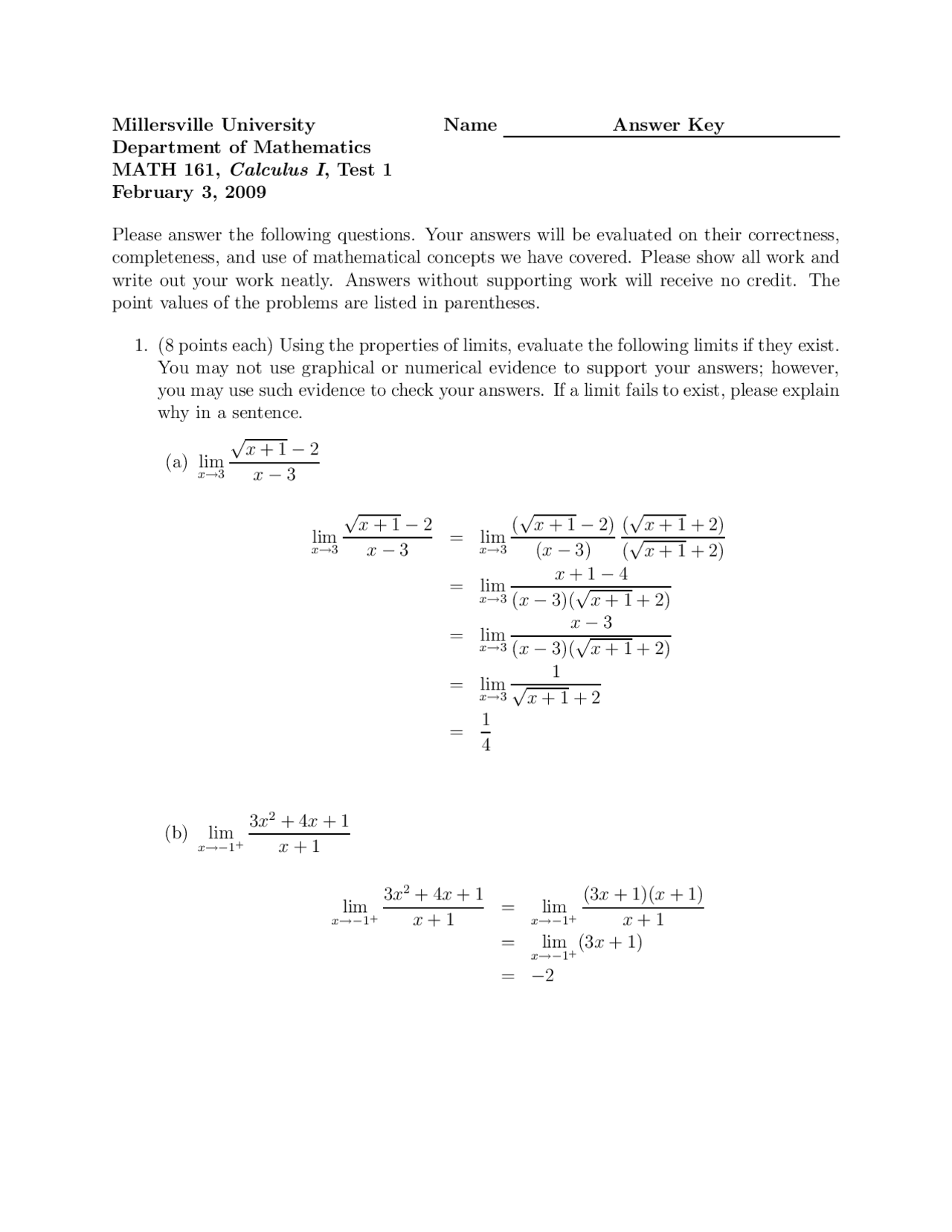 Exam 1 Questions with Solutions for Calculus I | MATH 161 - Docsity