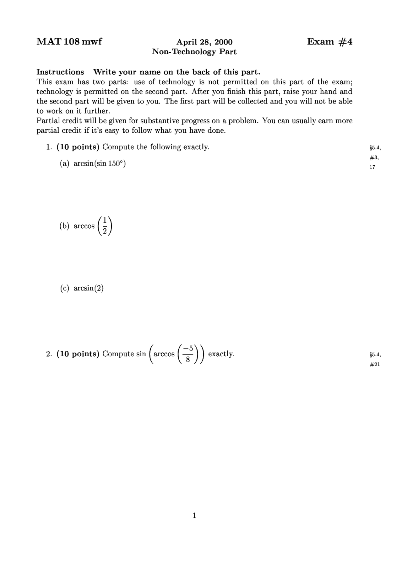 10 Questions Exam 4 Trigonometry Mat 108 Docsity