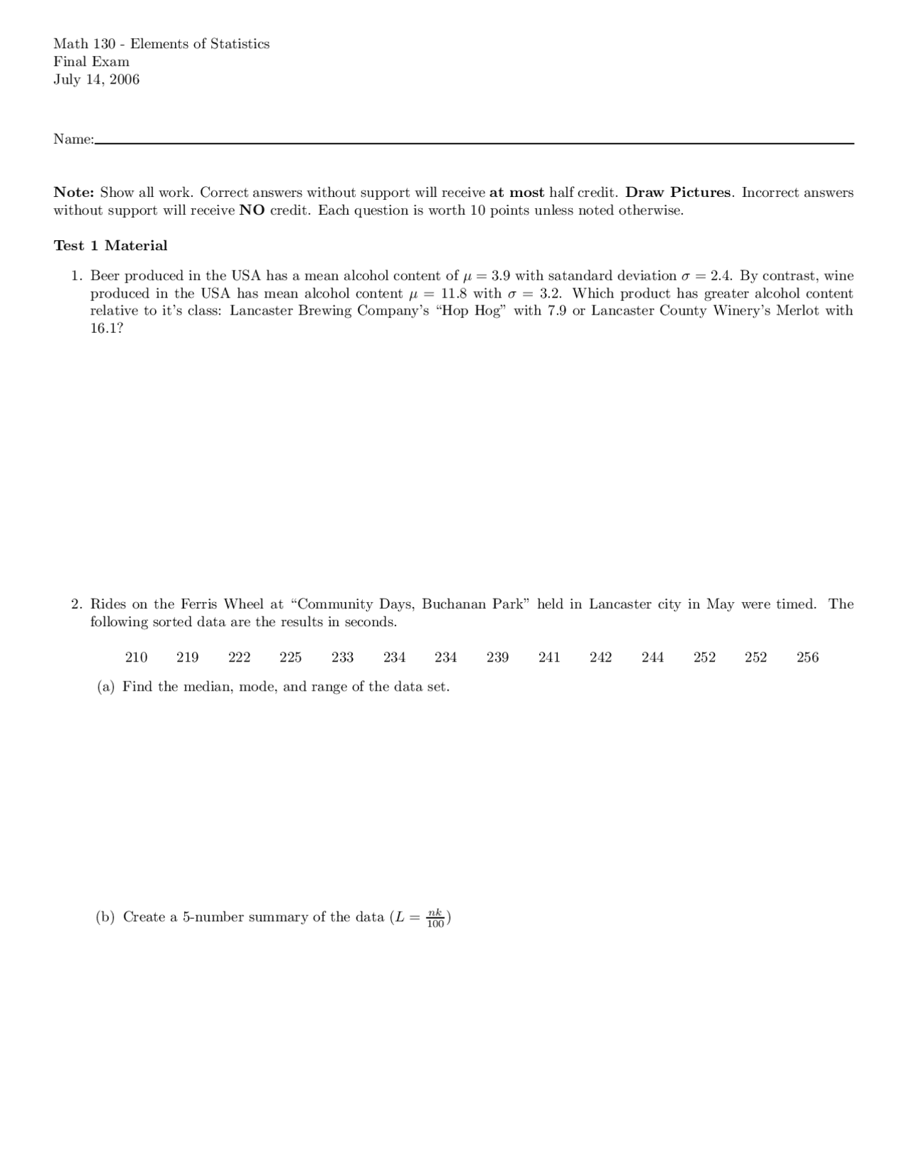 Final Exam Questions for Elements of Statistics 1 | MATH 130 - Docsity
