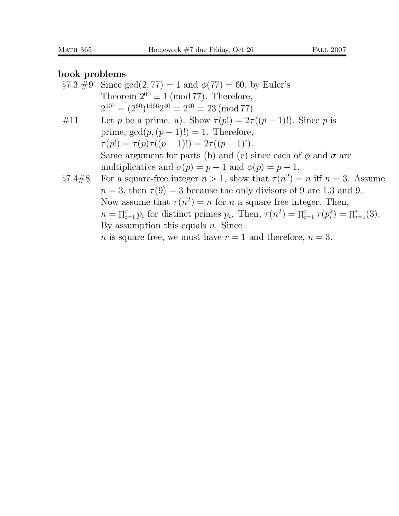 Solutions To Homework 7 Number Theory Math 365 Docsity