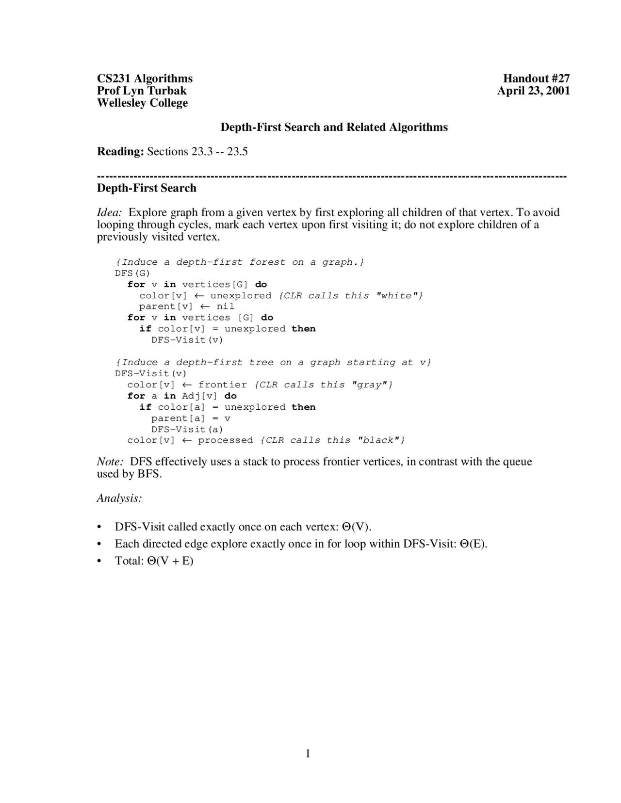 Depth First Search And Related Algorithms Lecture Notes Cs 231 Docsity