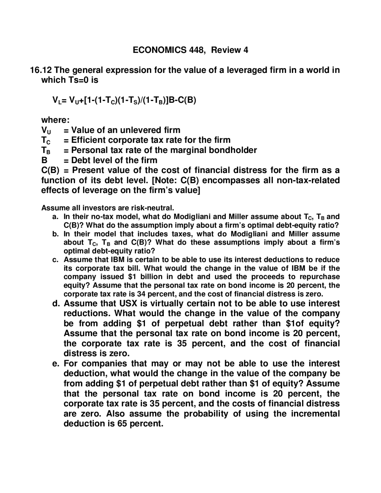 Economics Review Sheet - Corporate Finance | ECON 448 - Docsity