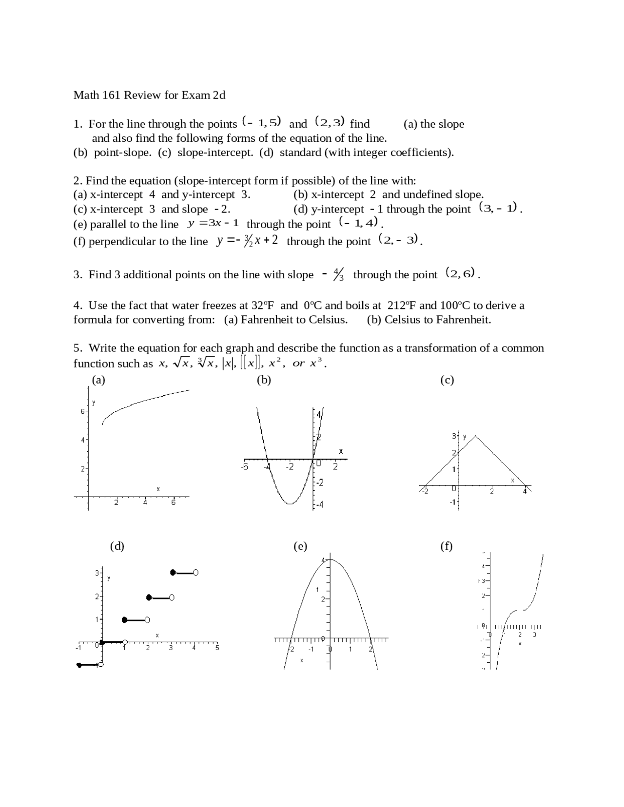 Review Sheet Exam 2 Precalculus Math 161 Docsity
