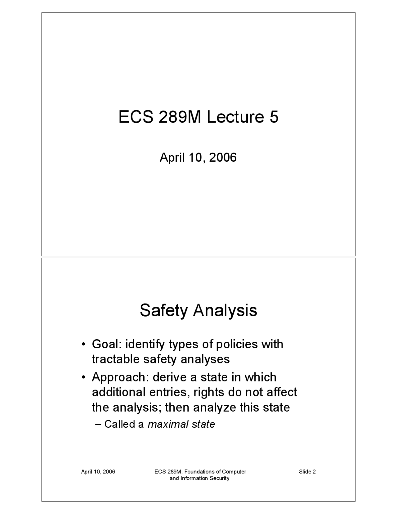 Lecture Slides On Safety Analysis Security Ecs 289m Docsity