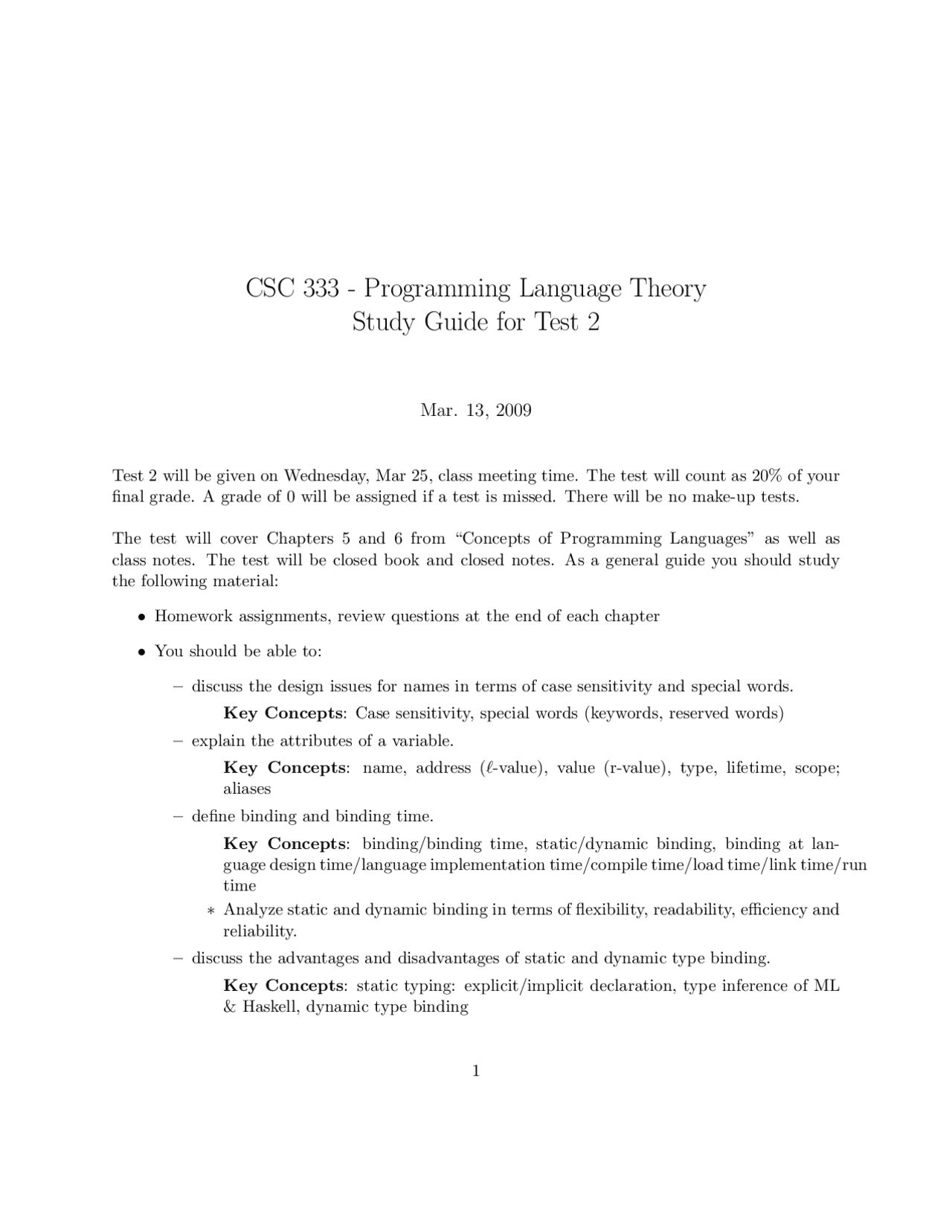Study Guide for Exam 2 - Programming Language Theory | CSC 333 | Exams ...