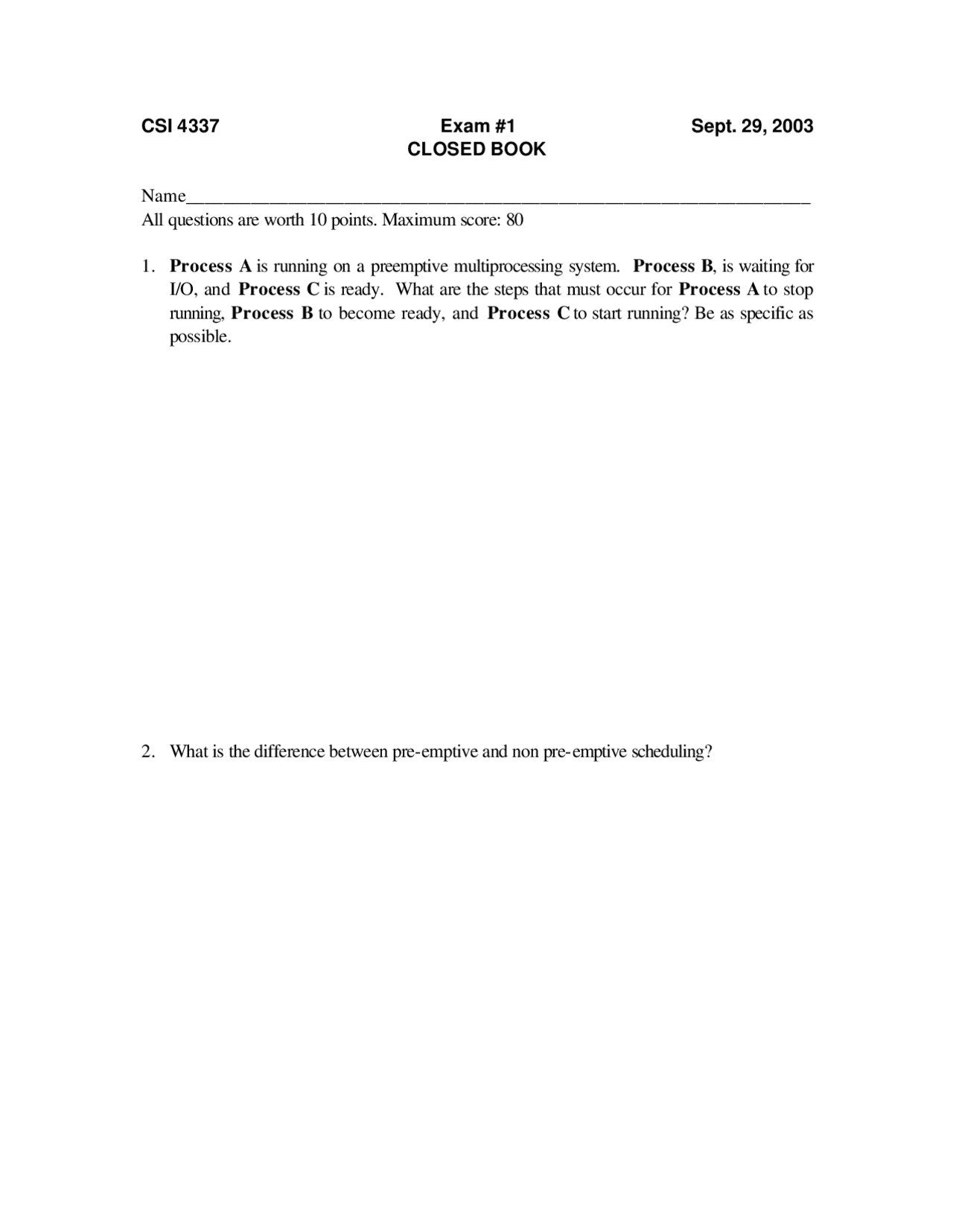 Introduction To Operating Systems Exam 1 Csi 4337 Docsity