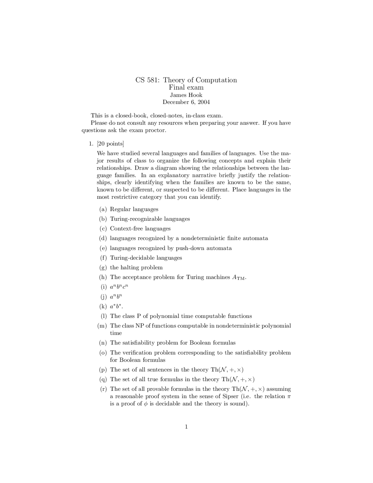 Final Exam Notes Theory Of Computation Cs 581 Docsity