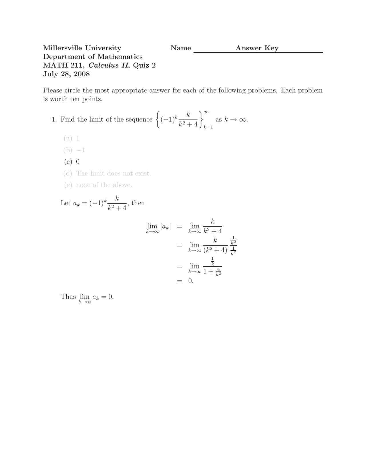 5 Solved Questions for Quiz 2 - Calculus 2 | MATH 211 - Docsity