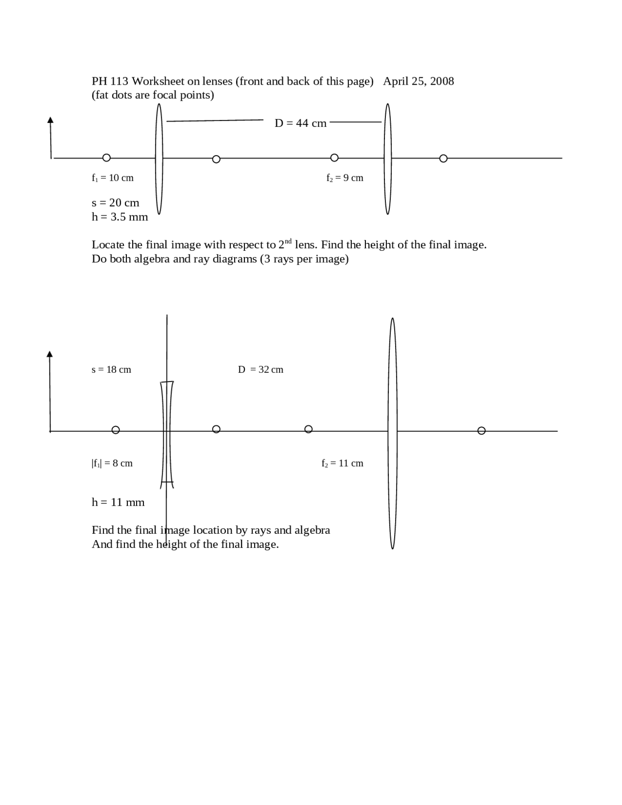 Worksheet on Lenses: Final Image and Rays | PH 113 - Docsity