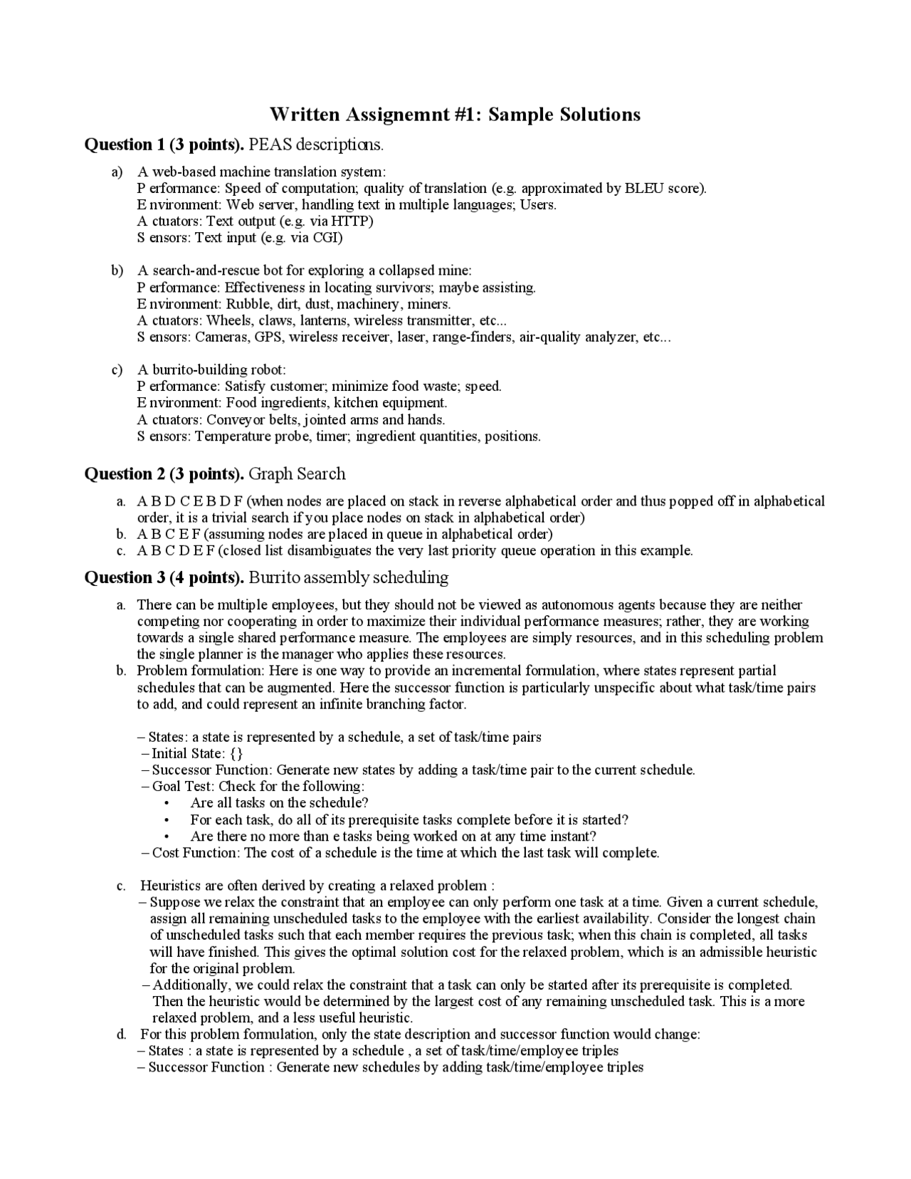 Assignment 1 Sample Solutions Artificial Intelligence Csci 538