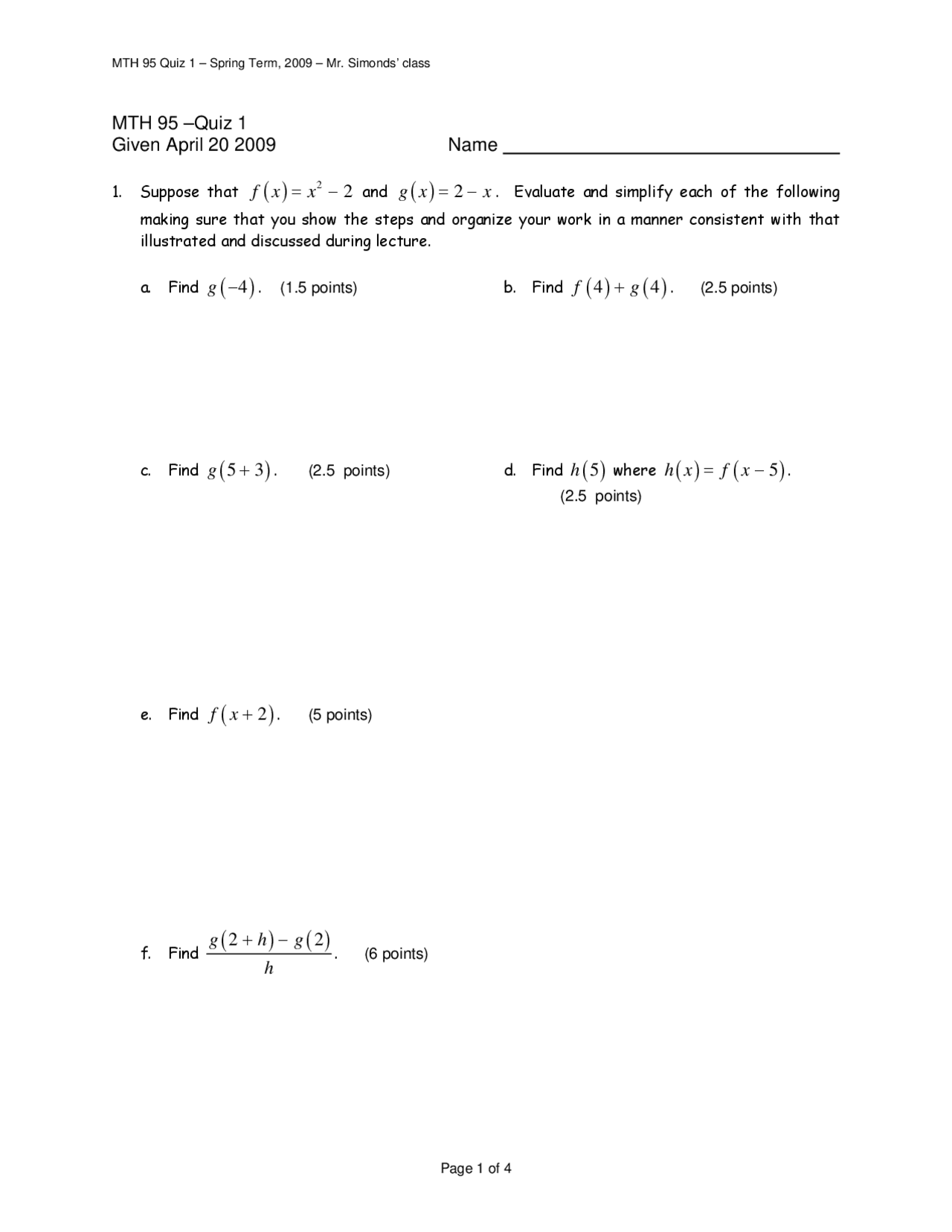 7 Questions on Intermediate Algebra - Quiz I | MTH 95 | Quizzes Algebra | Docsity