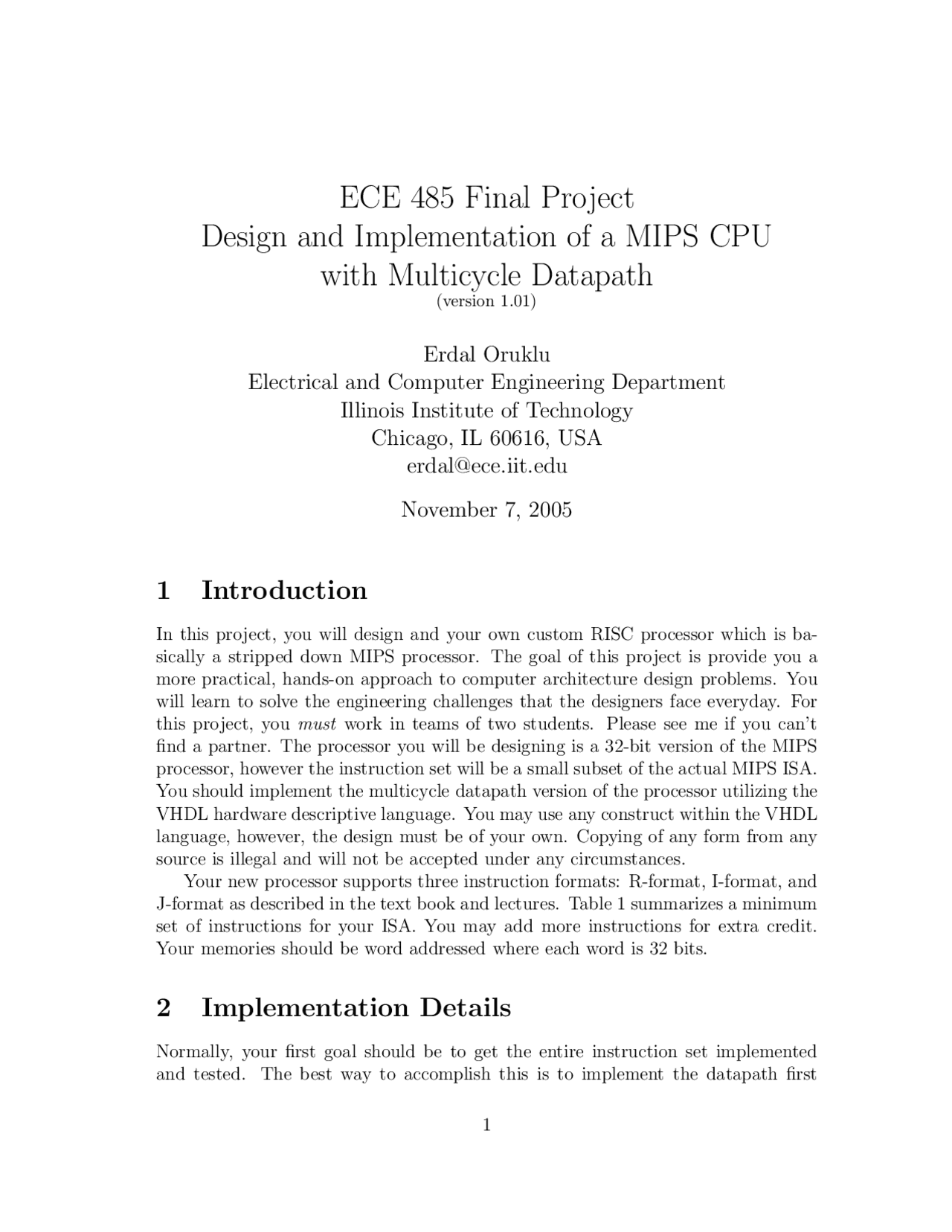Computer Organization And Design Final Project Ece 485 Docsity