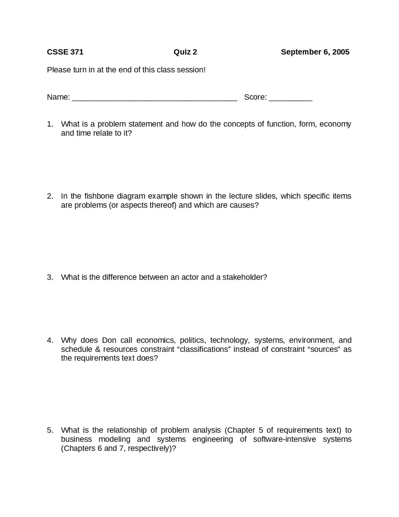 Quiz 2 Software Requirements And Specification Fall 2005 Csse