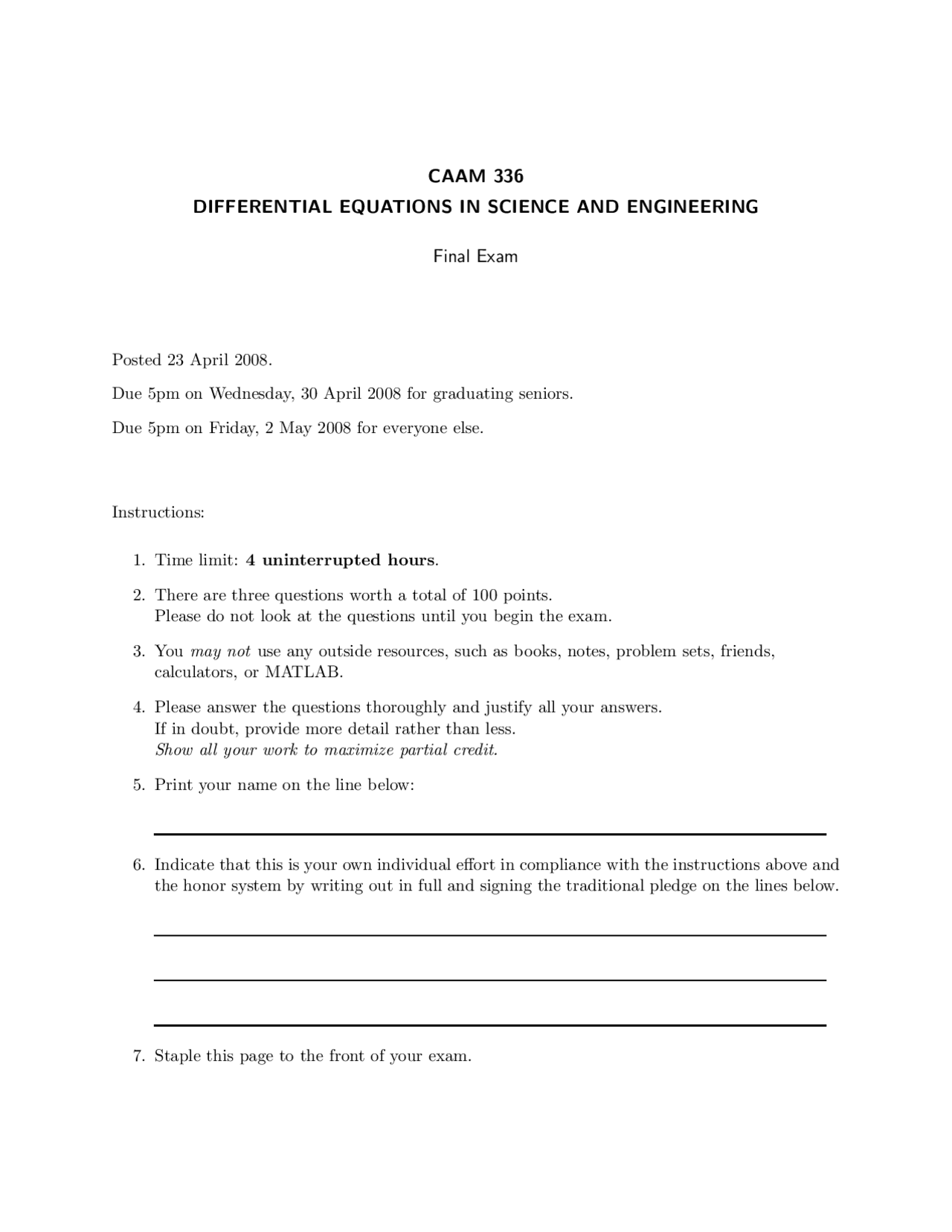 Differential Equations In Science And Engineering Final Exam Caam