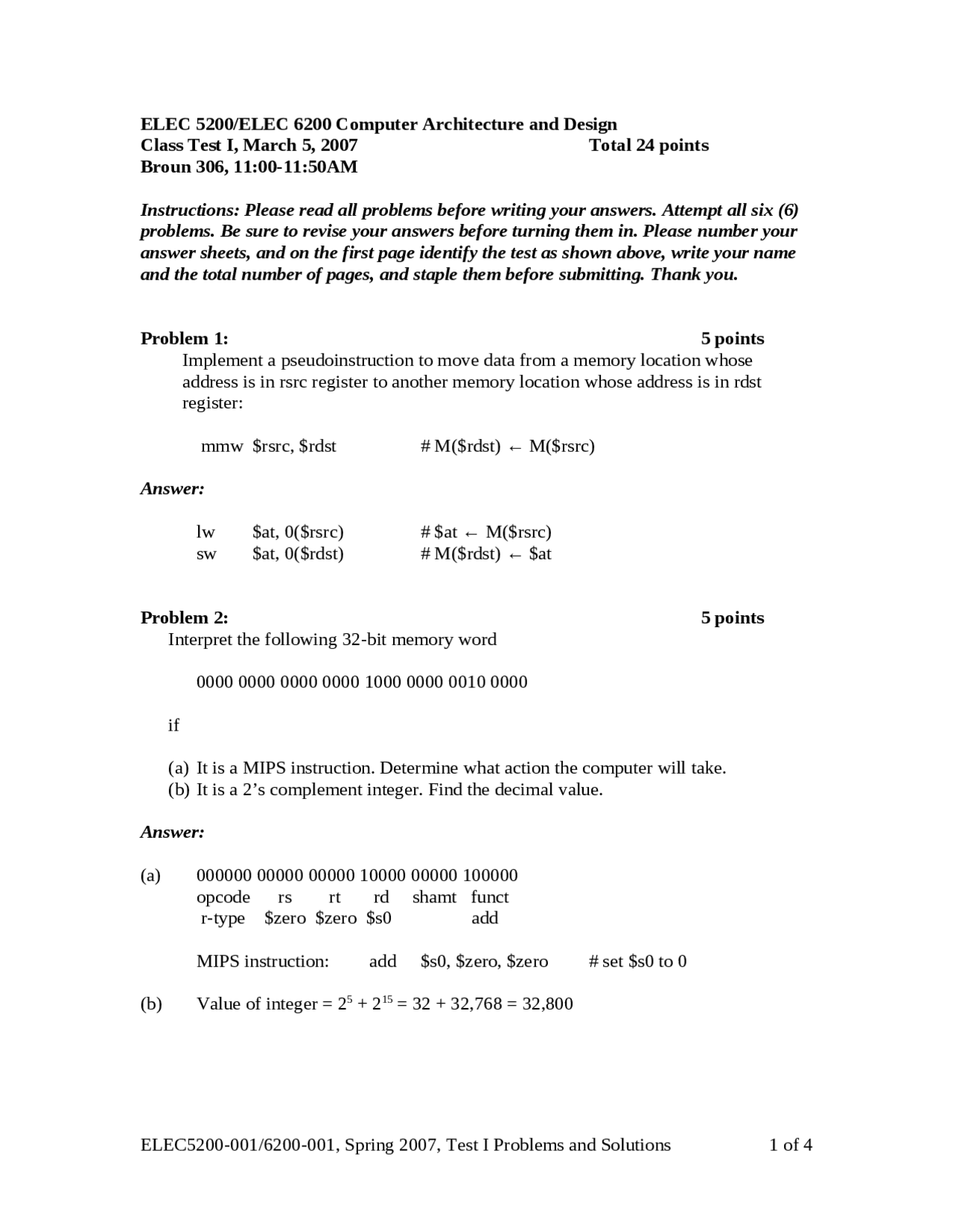 5 Solved Problems On Computer Architecture And Design Exam 1 Elec 5200 Docsity