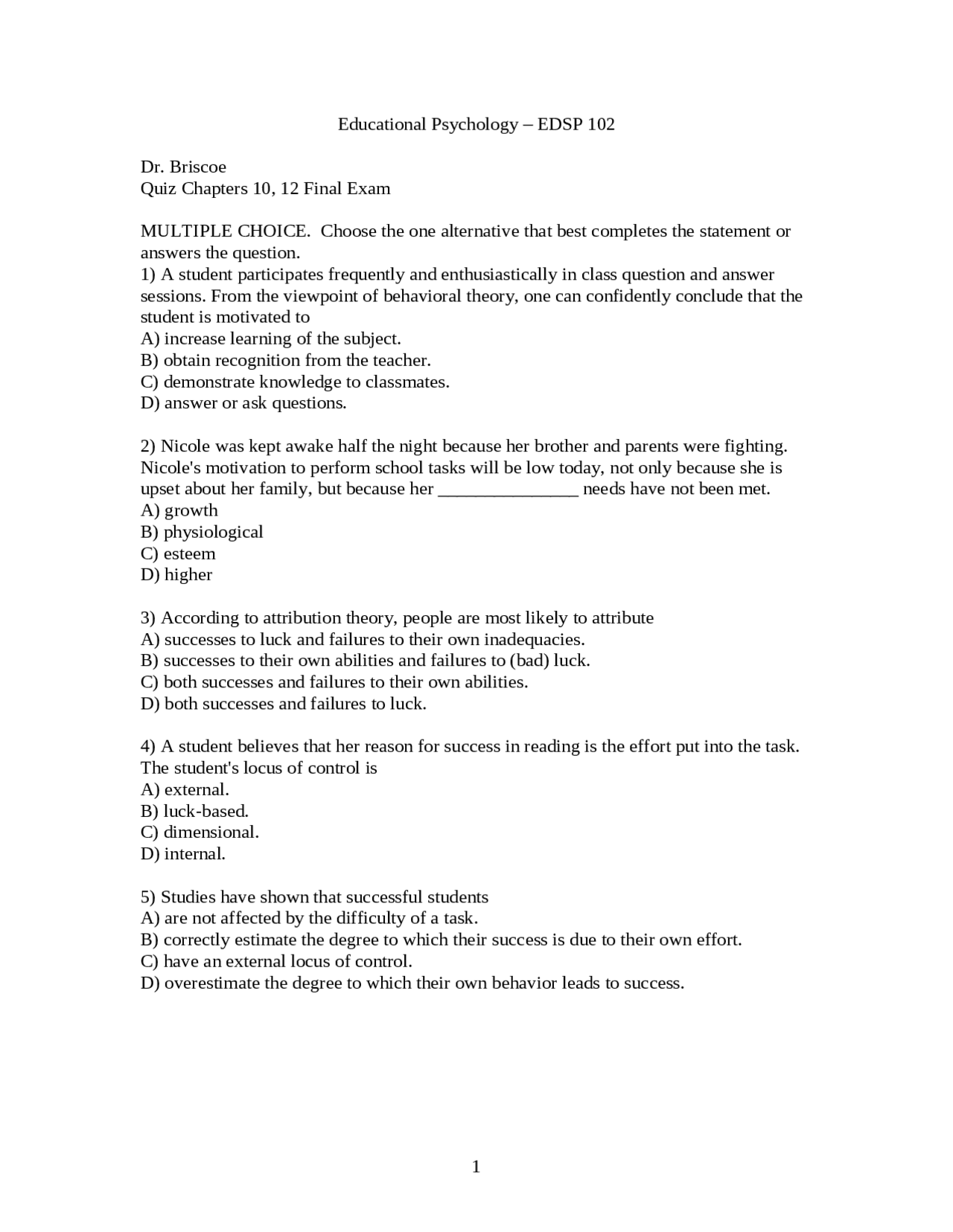 Practice Questions For Final Educational Psychology Edsp 102