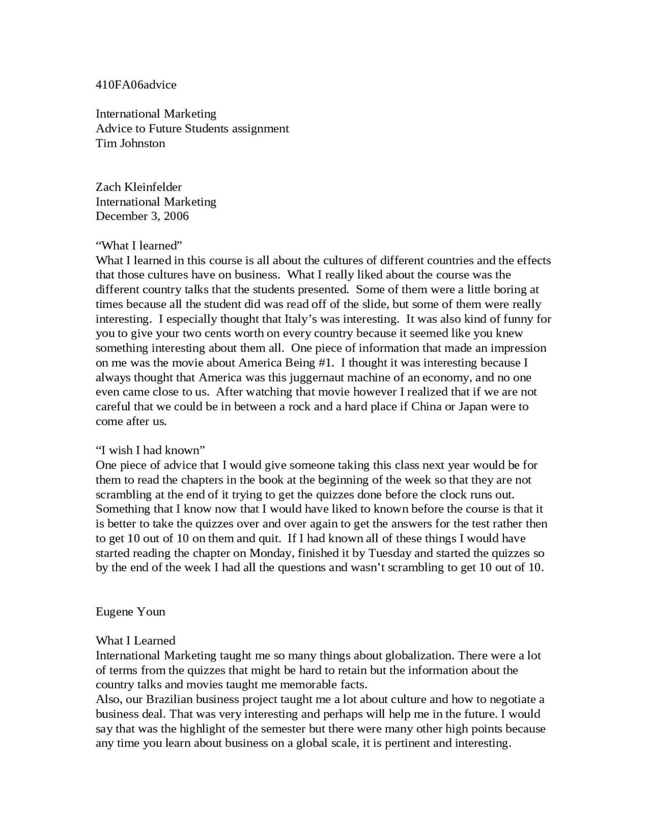 International Marketing For Assignment Mktg 410 Docsity