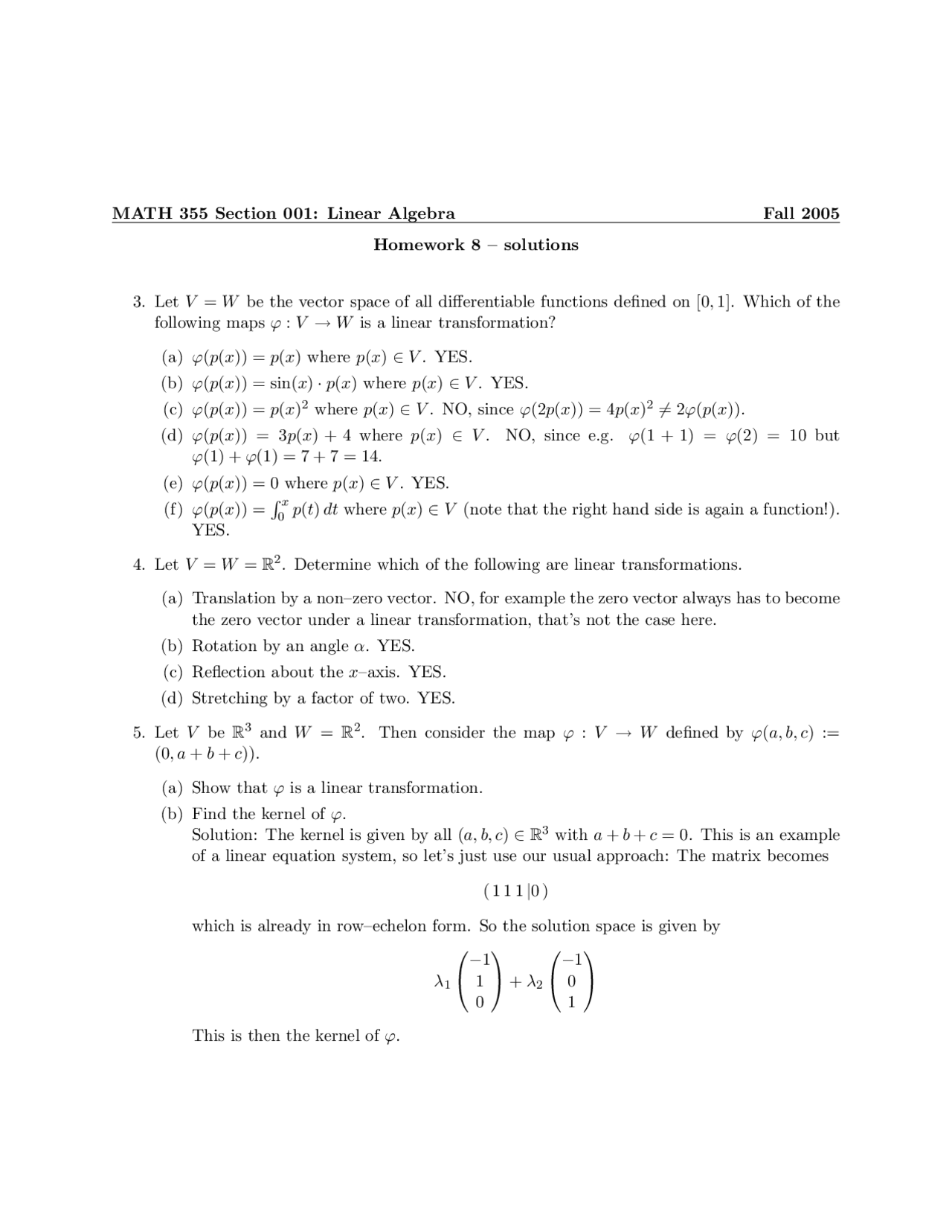 Homework 8 With Solutions For Linear Algebra Math 355 Docsity