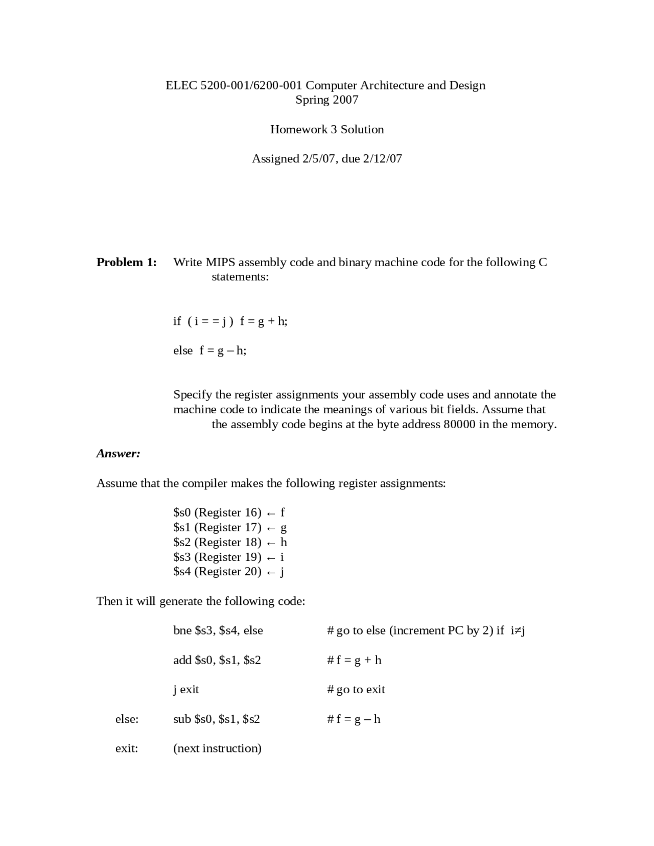 Solutions For Assignment 3 Computer Architecture And Design Elec 5200 Docsity