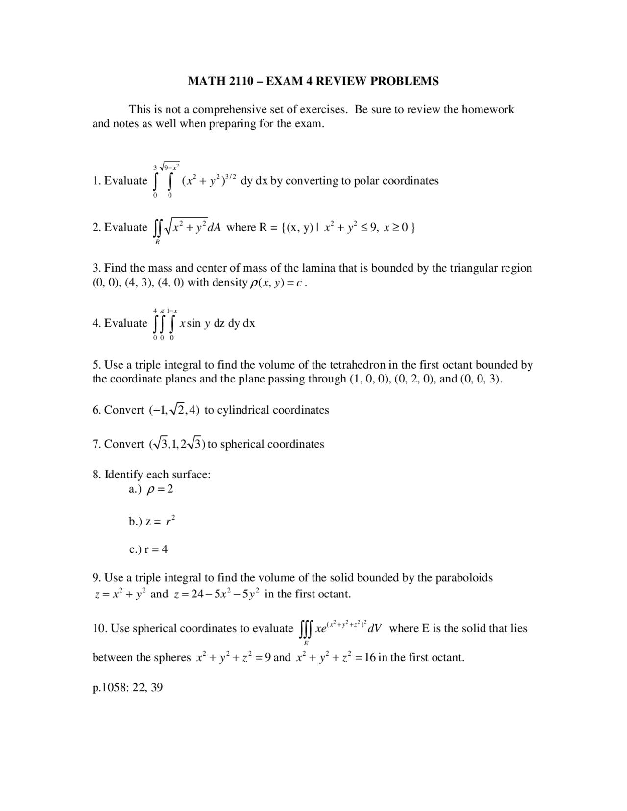 Exam 4 Review Problems Calculus And Analytic Geometry Iii Math 2110 Docsity