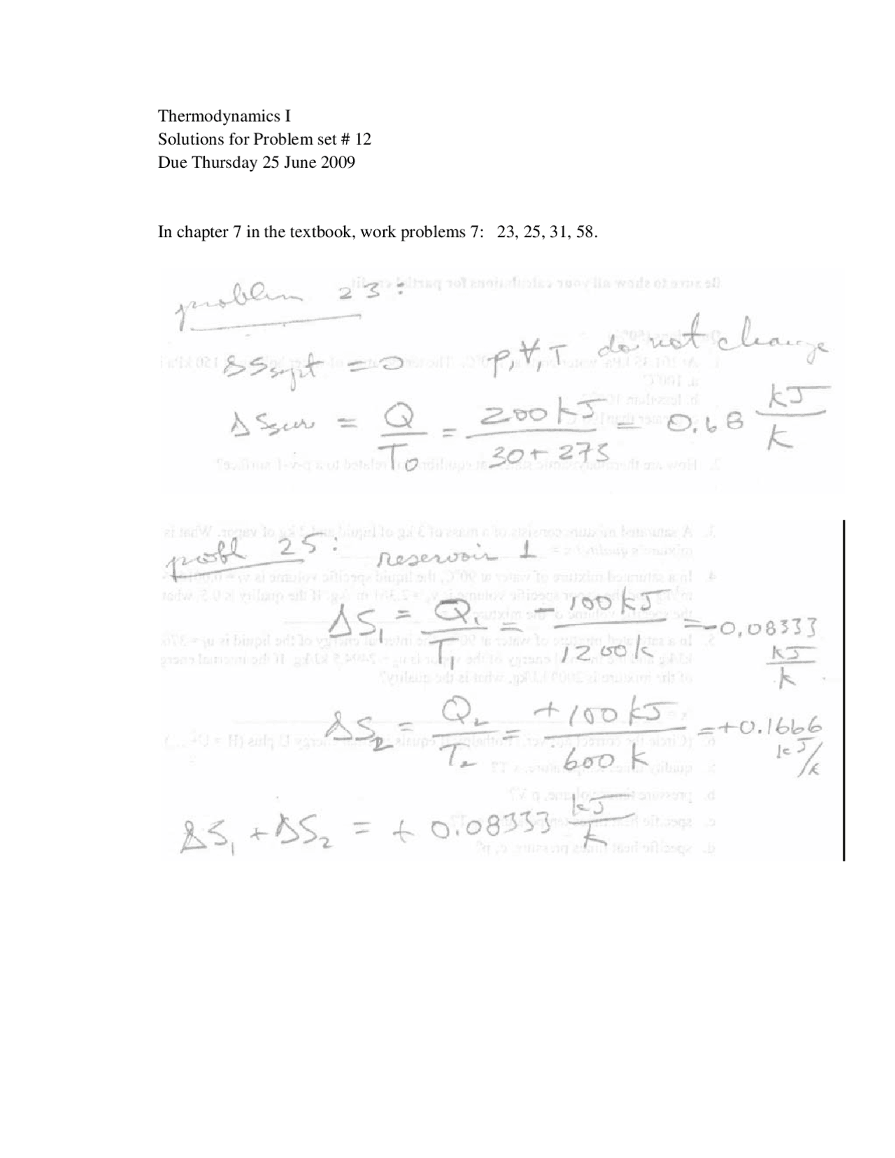 Solutions For Problem Set 12 Thermodynamics I Me 215 Docsity