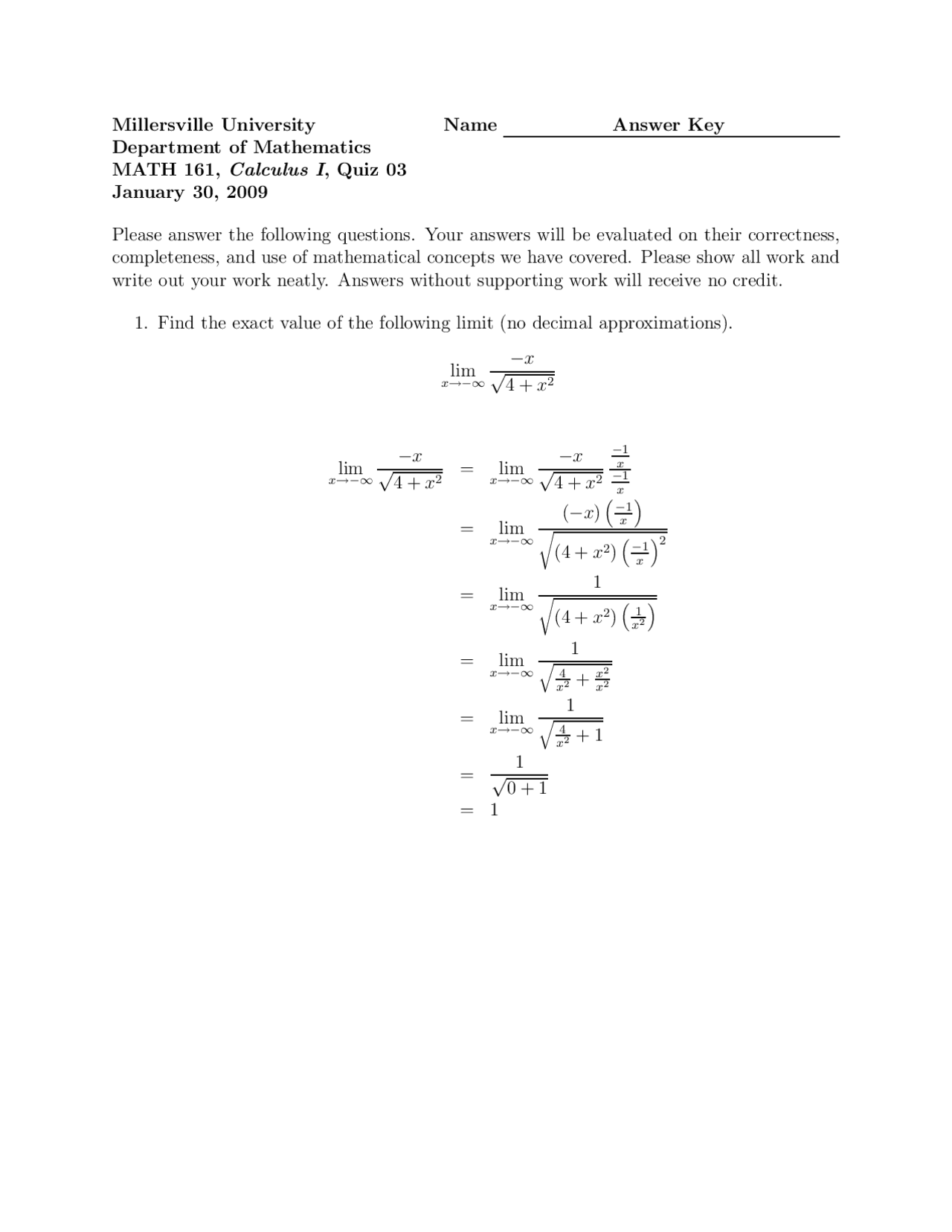 Calculus 1 - Quiz 3 with Answer Key | MATH 161 - Docsity