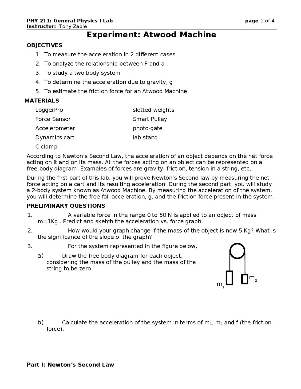 Atwood Machine in the General Physics l - Experiment | PHY 211 - Docsity