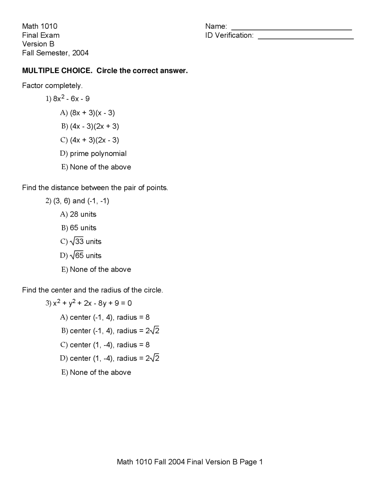 Final Exam Mcqs With Answers Intermediate Algebra Math 1010 Docsity