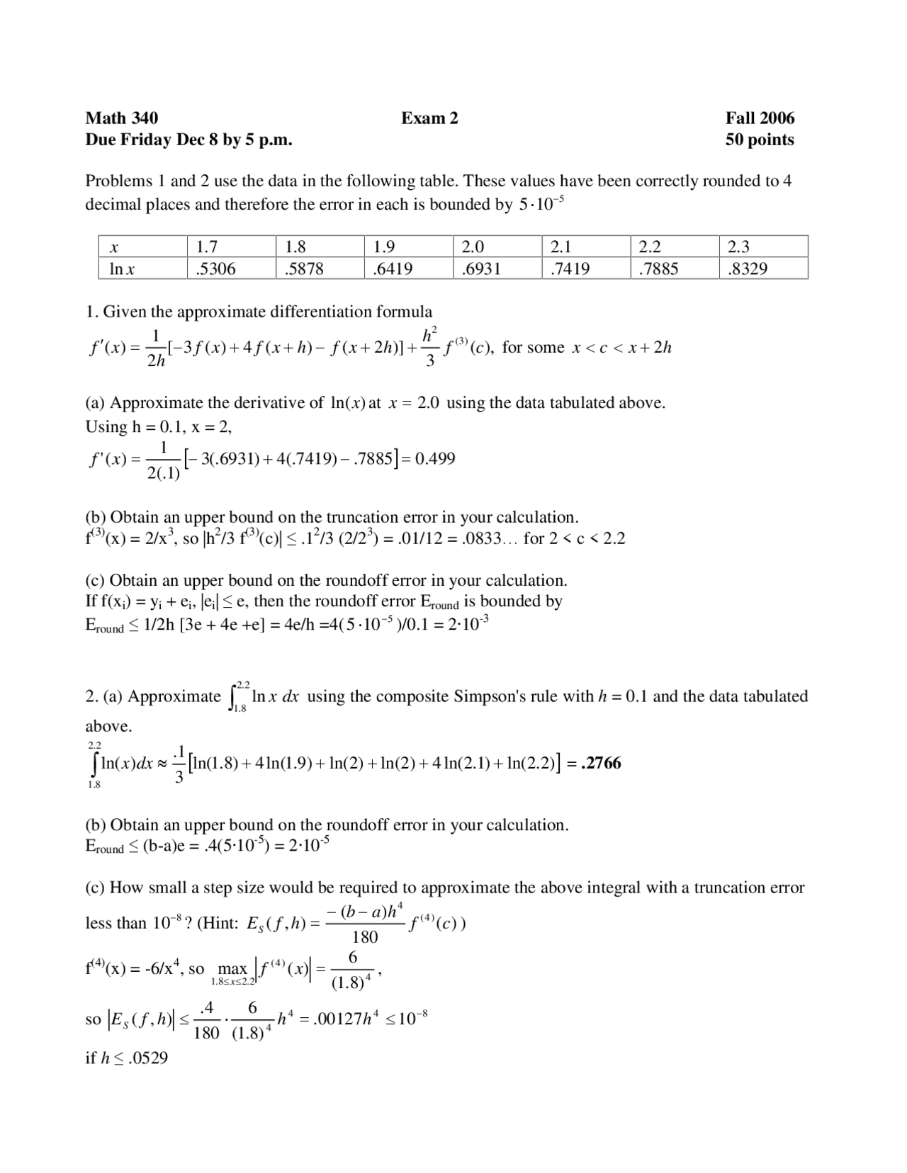 Numerical Analysis 5 Solved Questions Exam 2 Math 340 Docsity