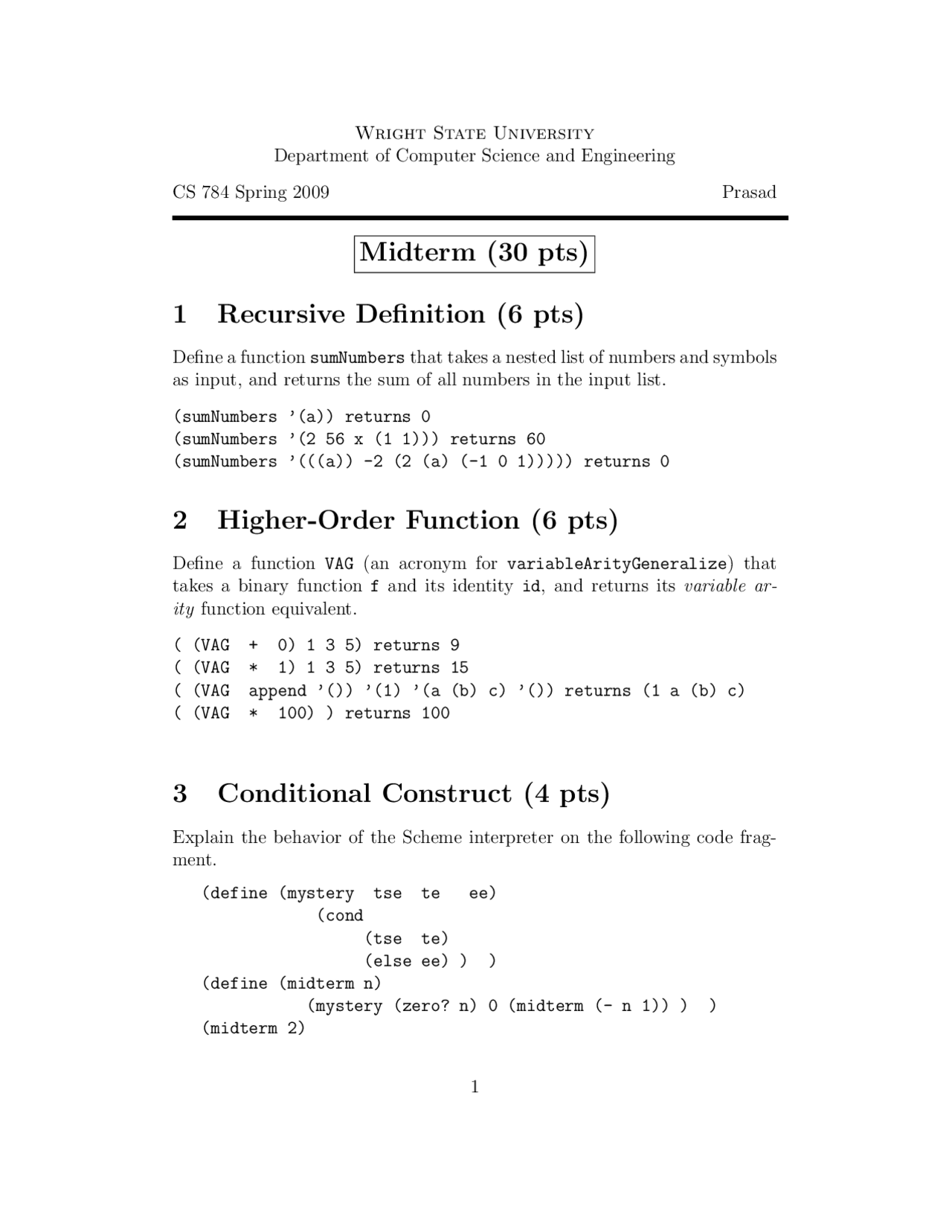 Midterm Exam 1 Questions For Programming Languages Spring 2009 Cs 784 Docsity