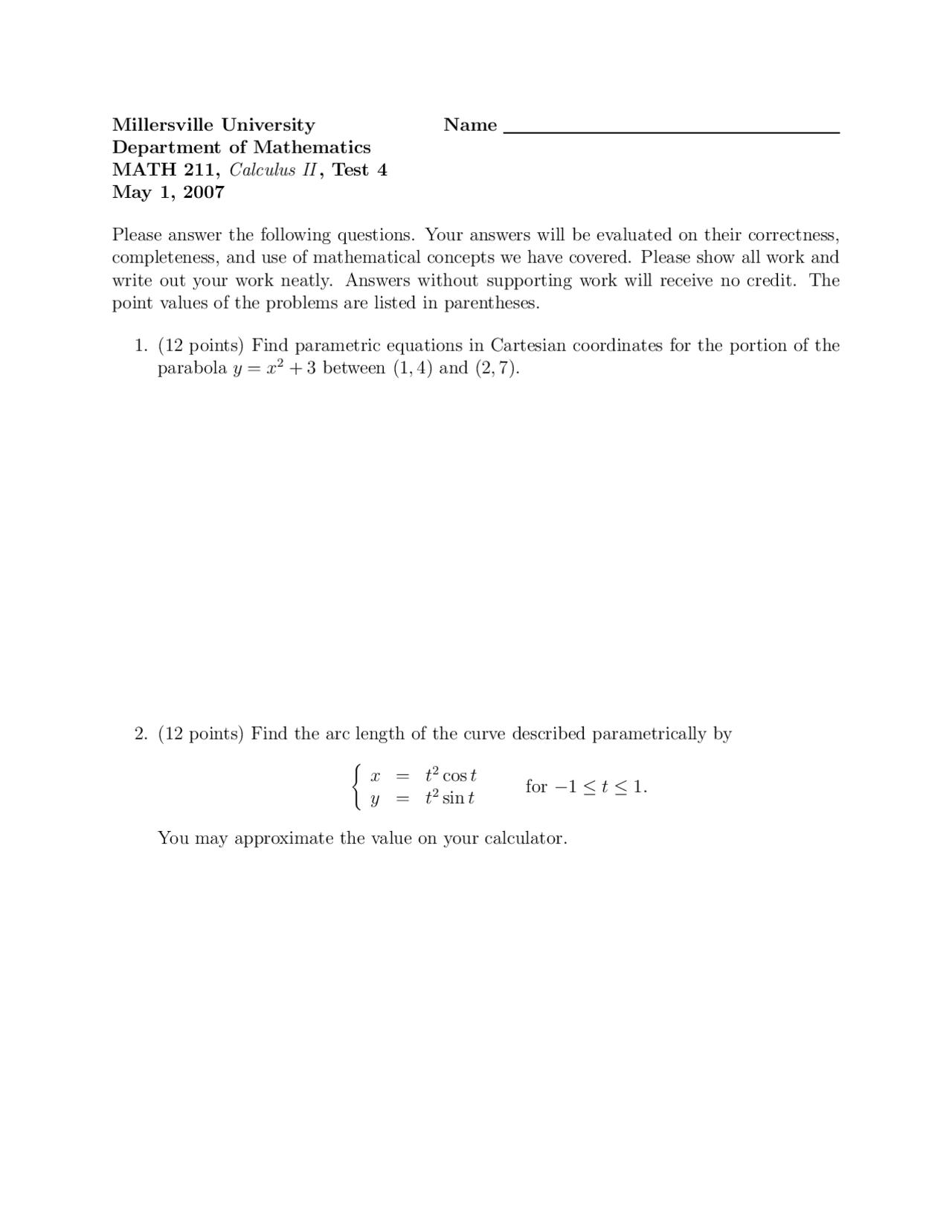 8 Questions On Parametric Equations Exam 4 Math 211 Docsity