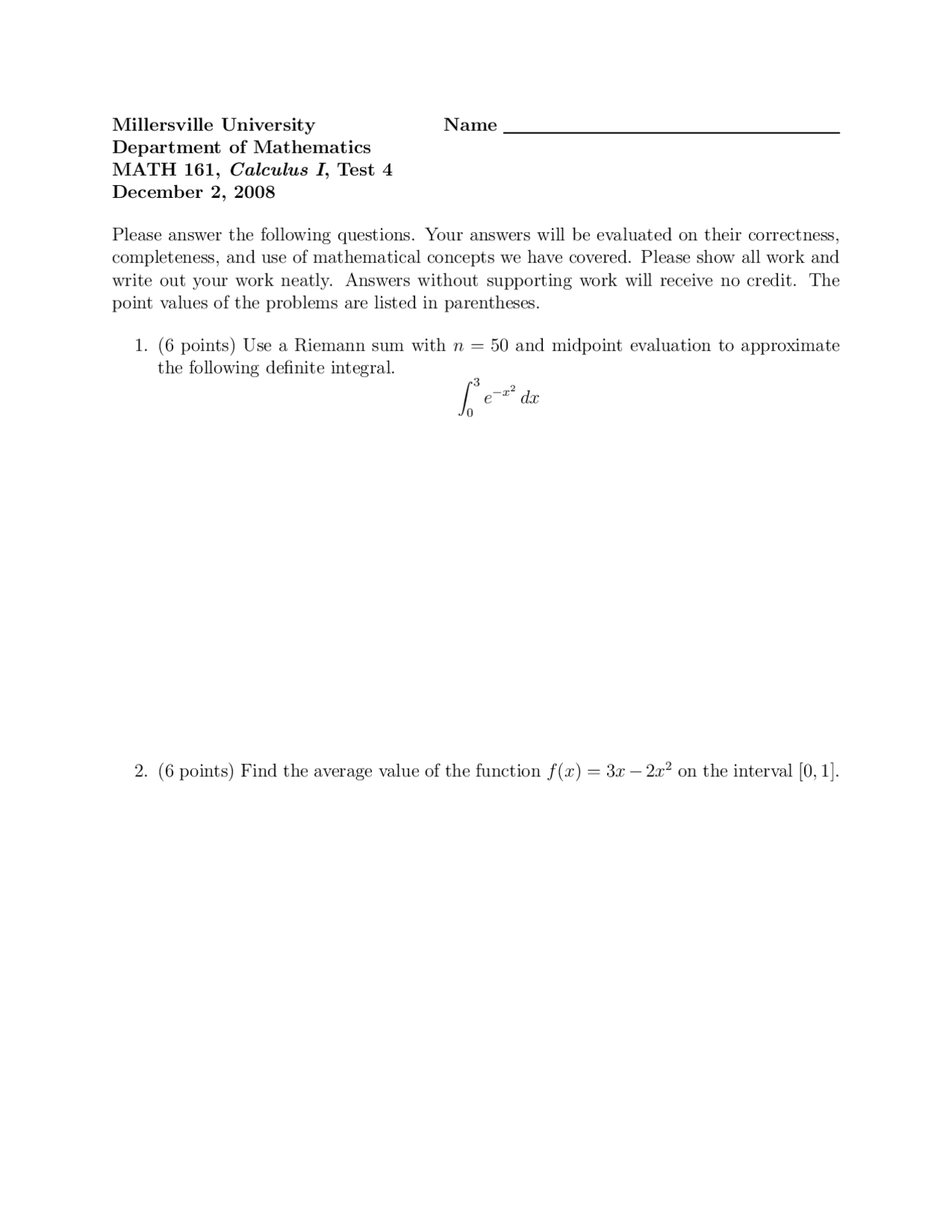 MATH 161, Calculus I: Test 4 - Millersville University - Prof. J. R ...