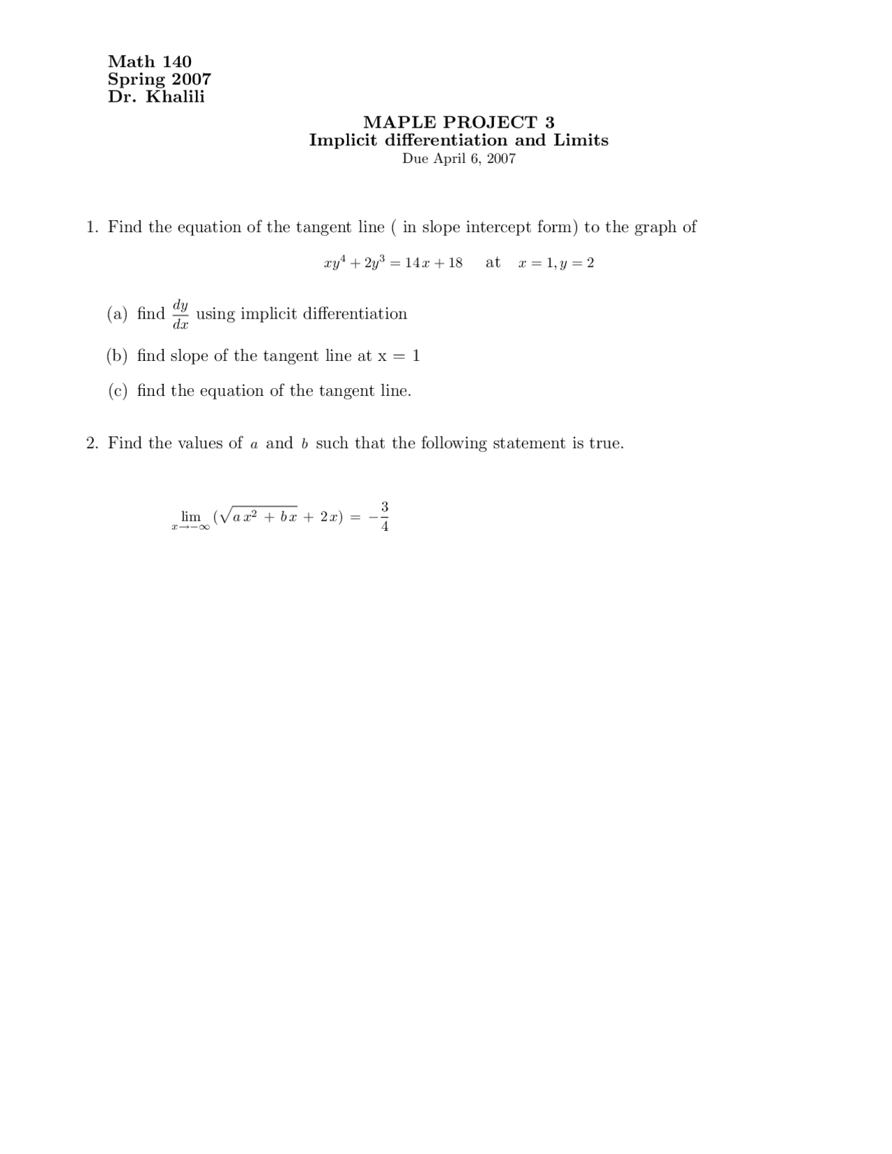 Implicit Differentiation and Limits - Maple Project 3 | MATH 140 - Docsity