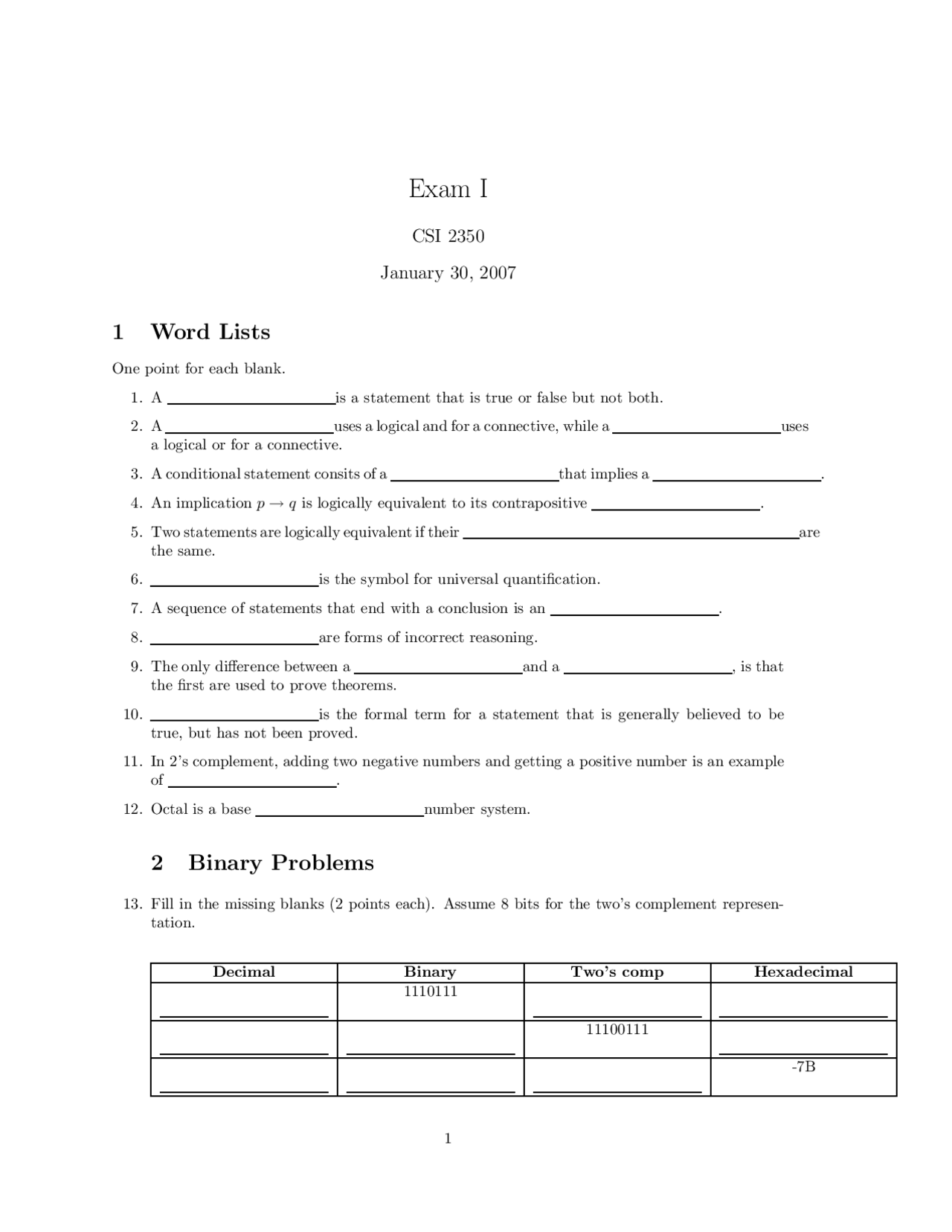 Practice Exam 1 Fall 2007 Discrete Structures Csi 2350 Docsity