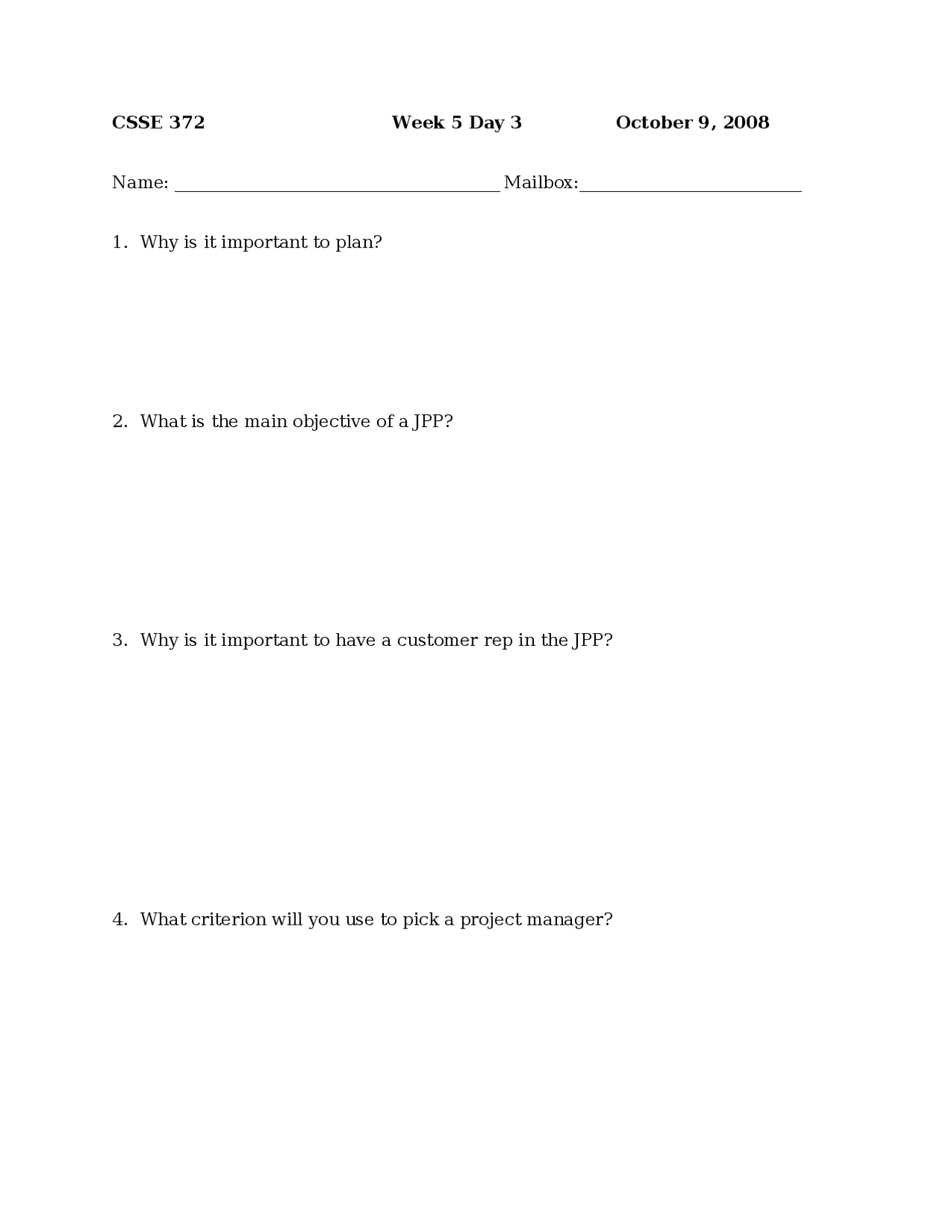 Why Is It Important To Plan Class Quiz Csse 372 Docsity