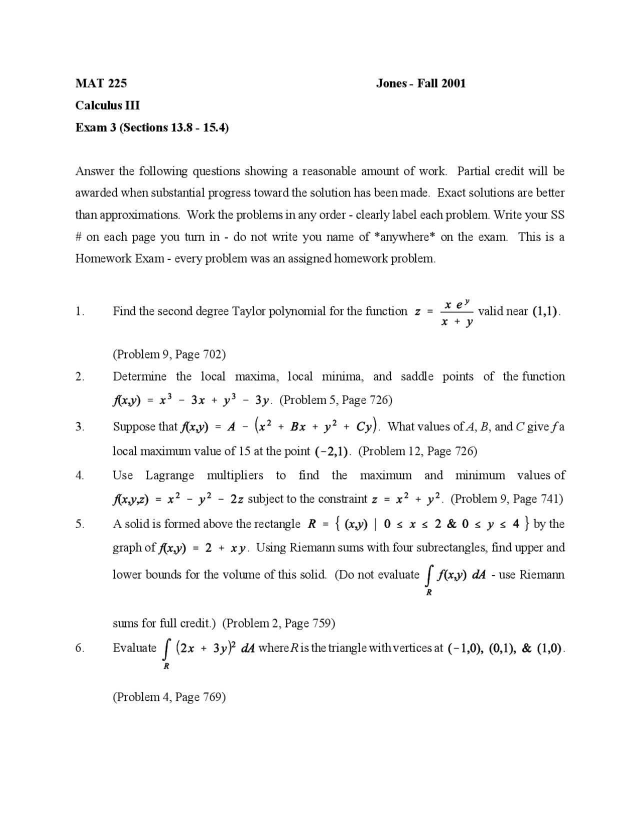 Calculus III Exam 3 - Fall 2001 (MAT 225) - Solutions for Sections 13.8 to 15.4 | Exams Advanced ...