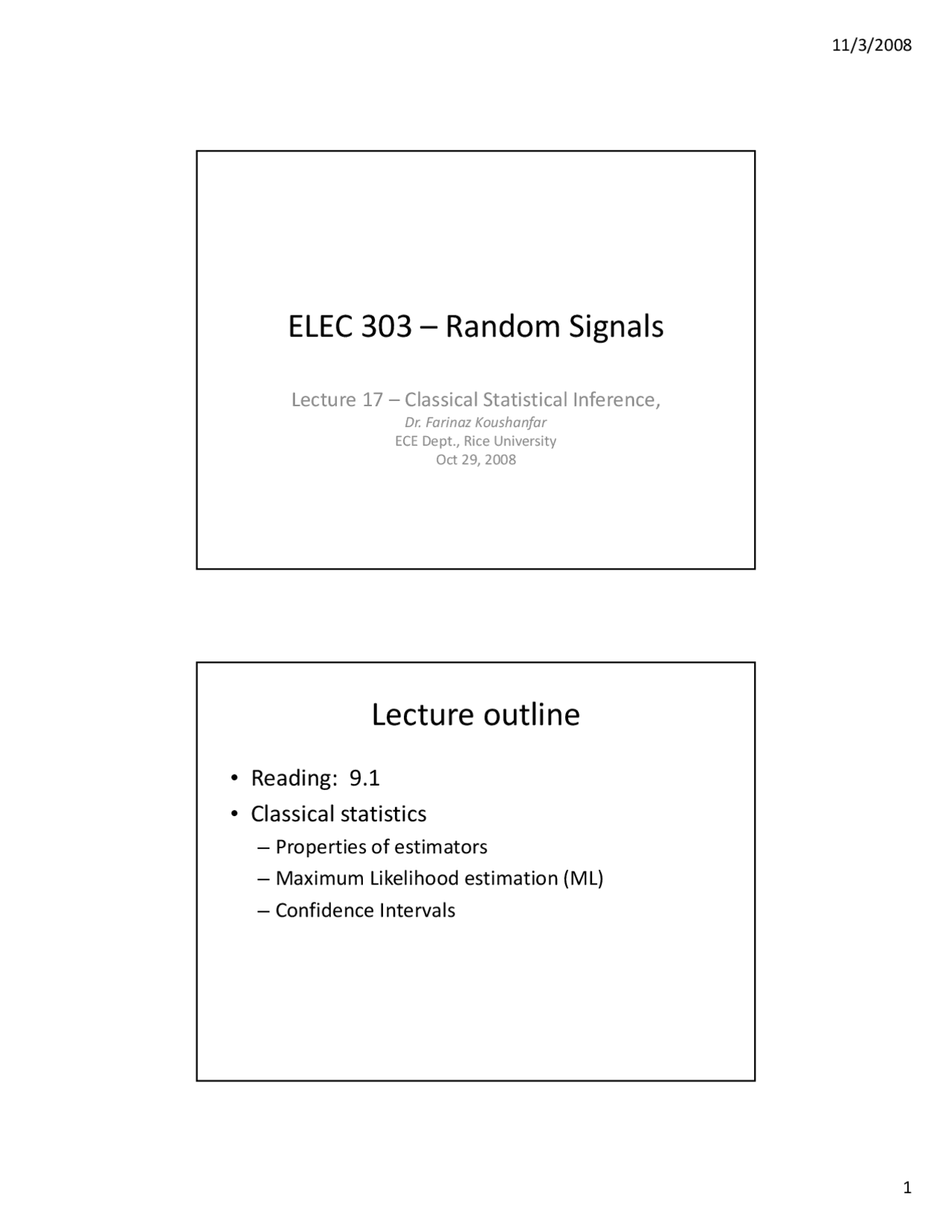 Classical Statistical Inference Lecture Slides Elec 303 Docsity