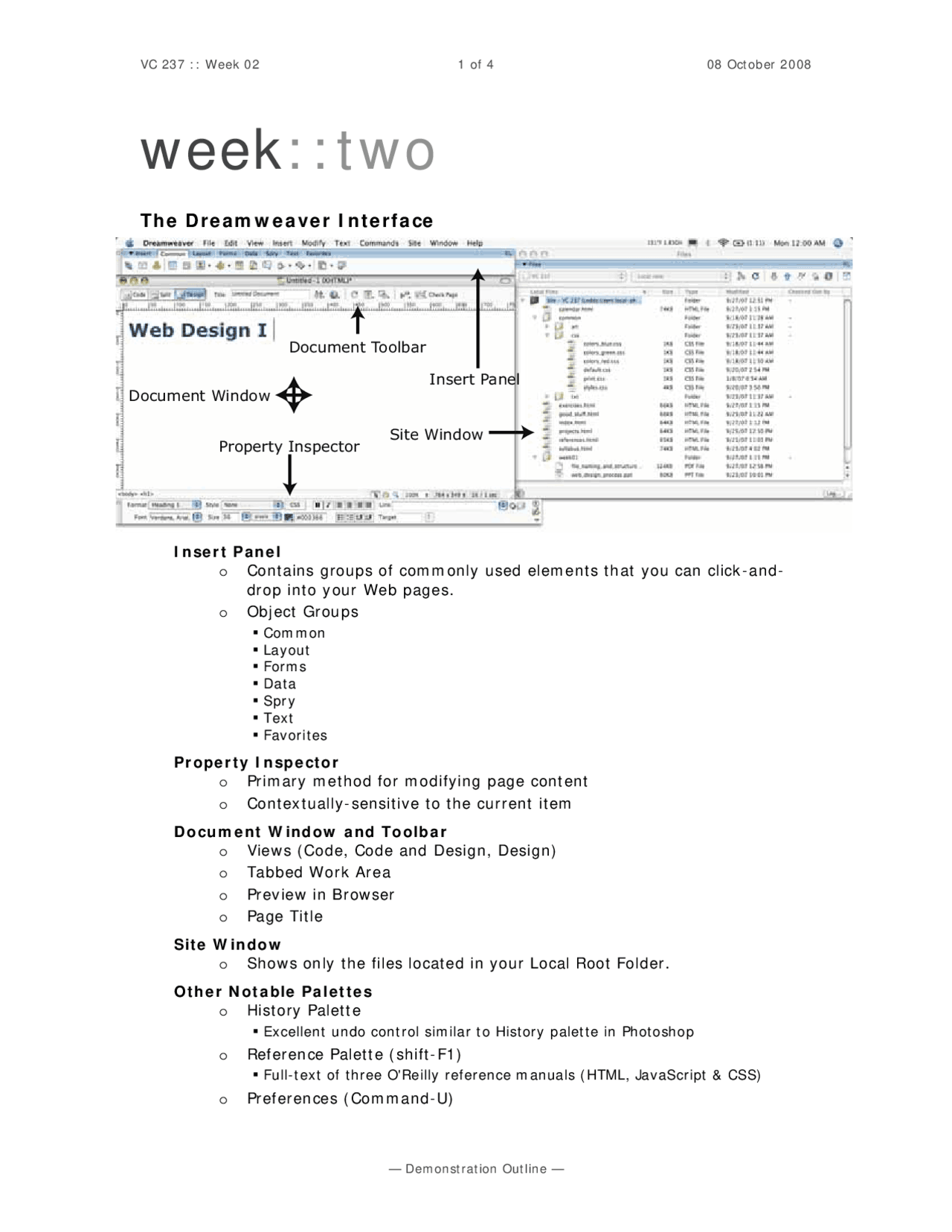 Lecture Notes on Dreamweaver Interface | VC 237 - Docsity