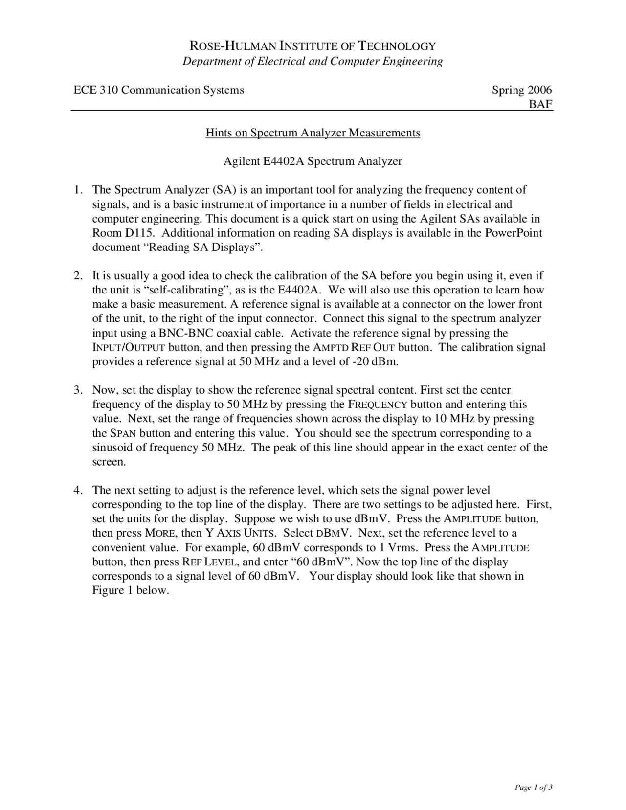 Hints On Spectrum Analyzer Measurements Notes Ece 310 Docsity