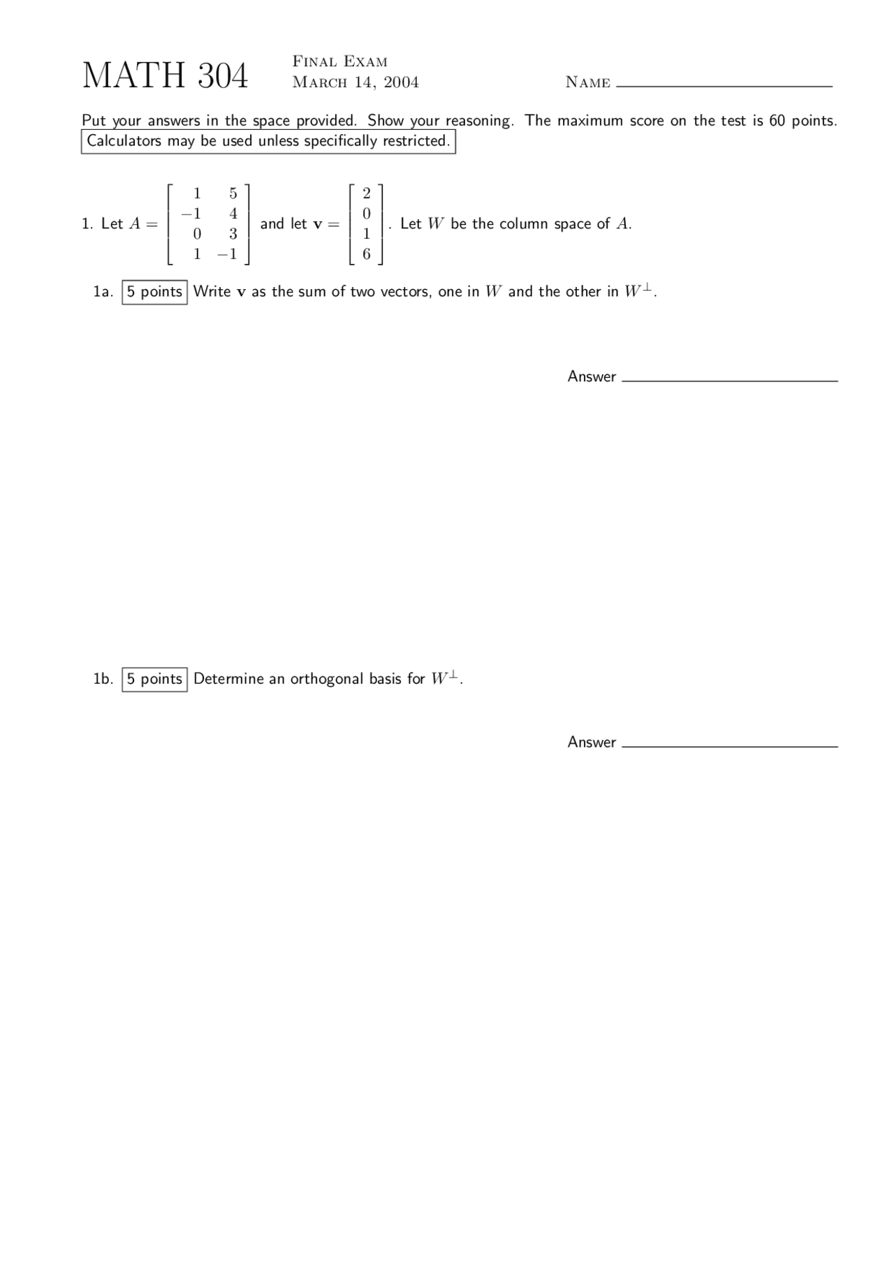 Linear Algebra - Final Exam 2004 | MATH 304 - Docsity