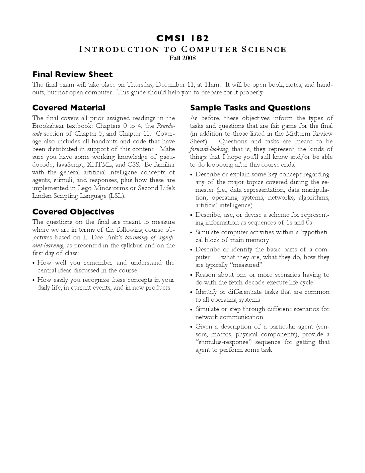 Review Sheet For Final Exam Introduction To Computer Science Cmsi 182 Docsity