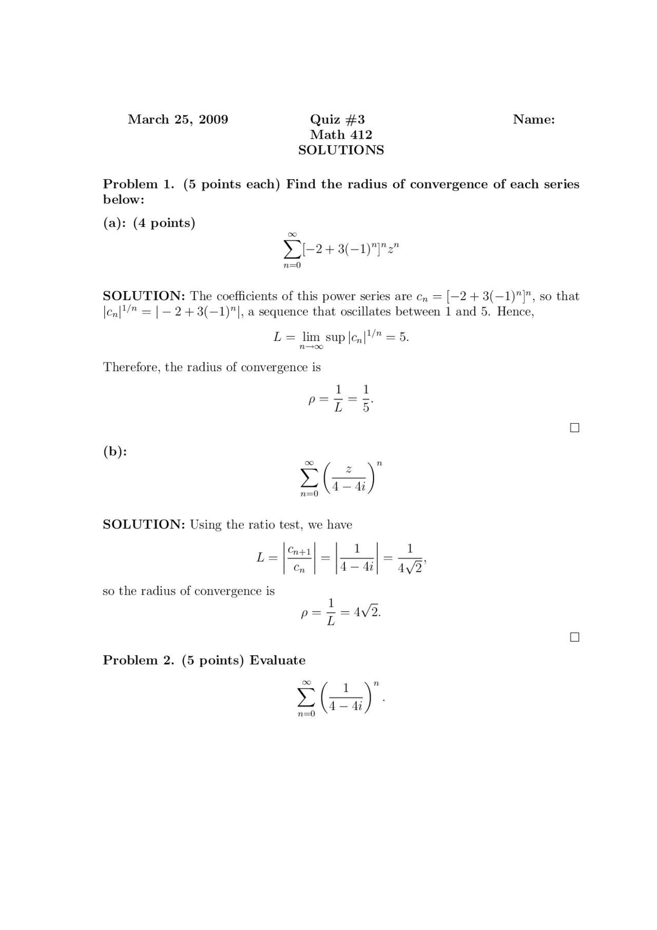 Complex Analysis Solutions For Practice Quiz 3 Math 412 Docsity