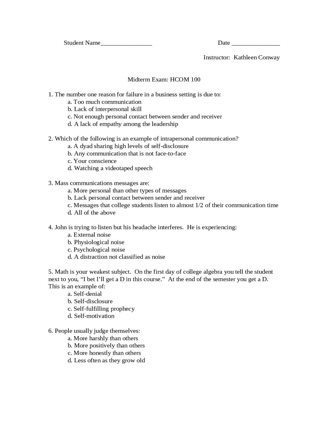 Introduction To Human Communication Midterm Exam To Solve Hcom 100 Docsity
