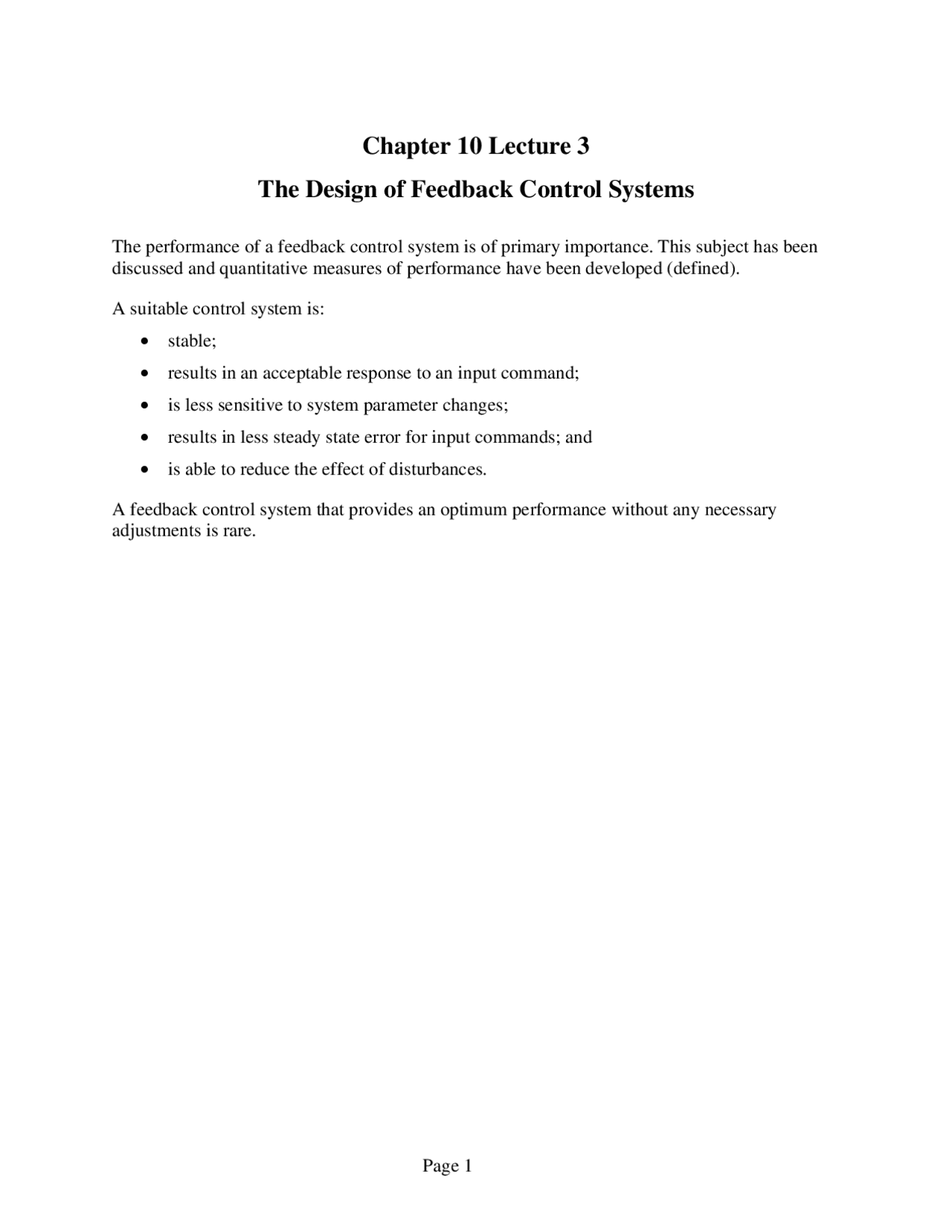 The Design Of Feedback Control Systems Lecture Notes Ece 4700 Docsity