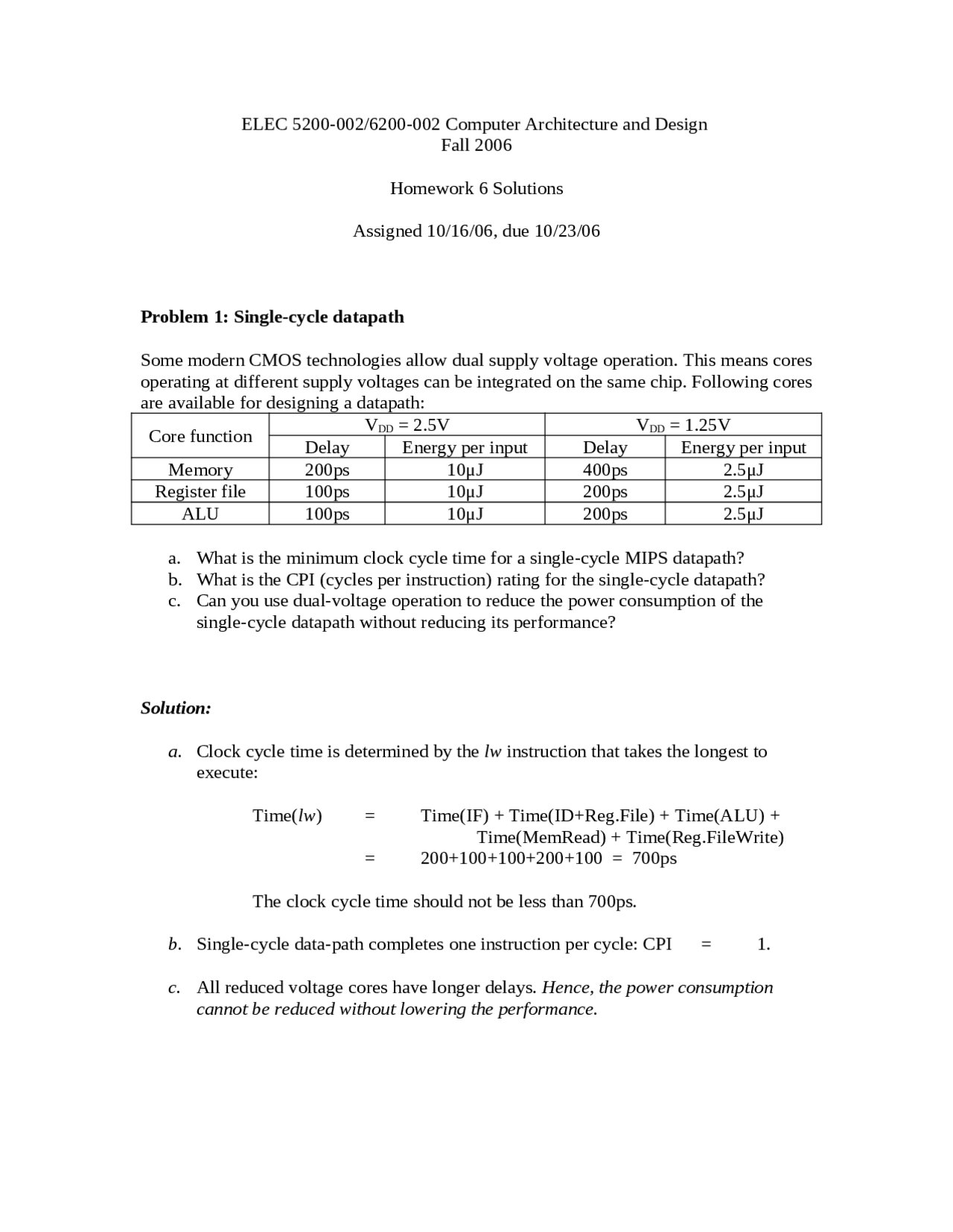 Computer Architecture And Design Practice Assignment 6 Solutions Elec 5200 Docsity