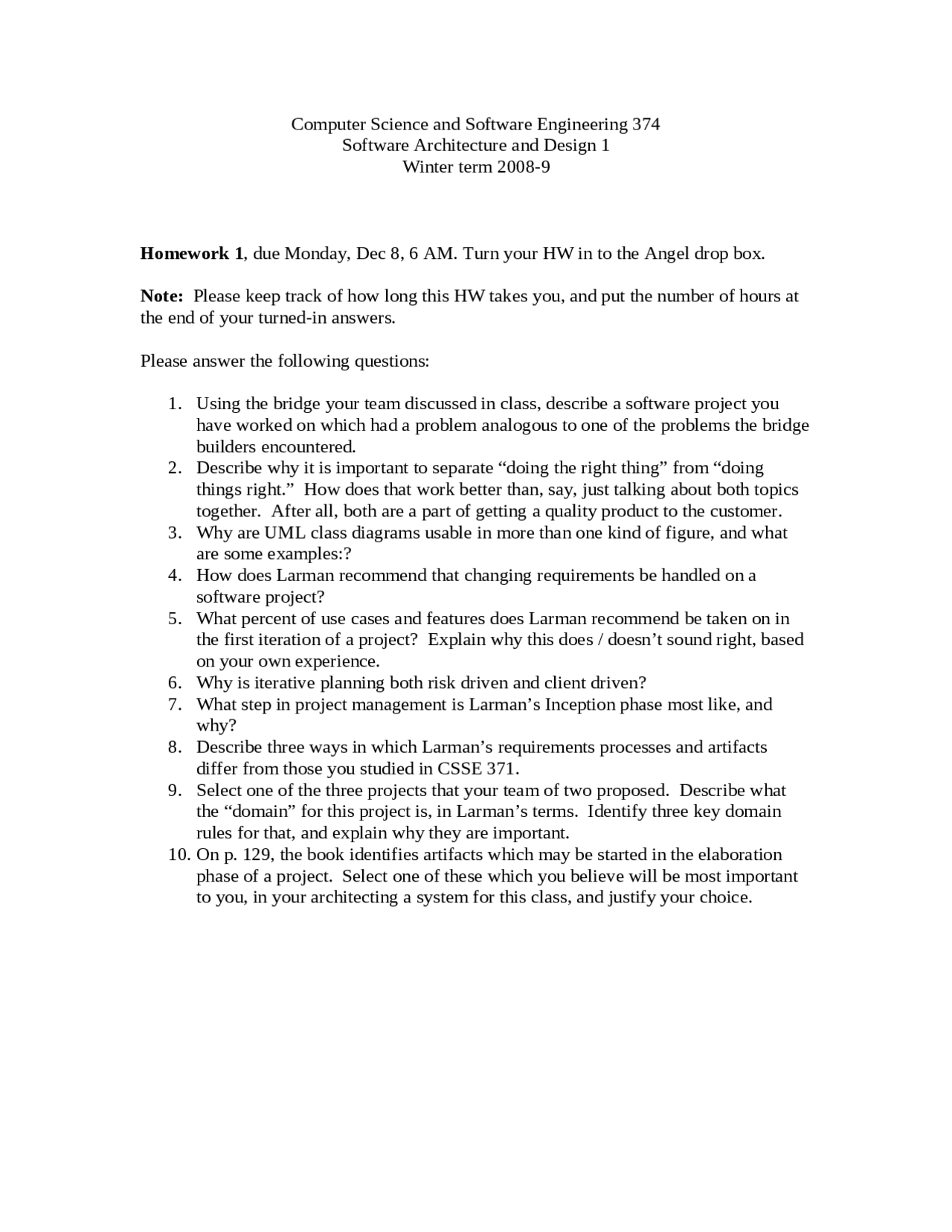 Homework 1 For Software Architecture And Design I Csse 371 Docsity
