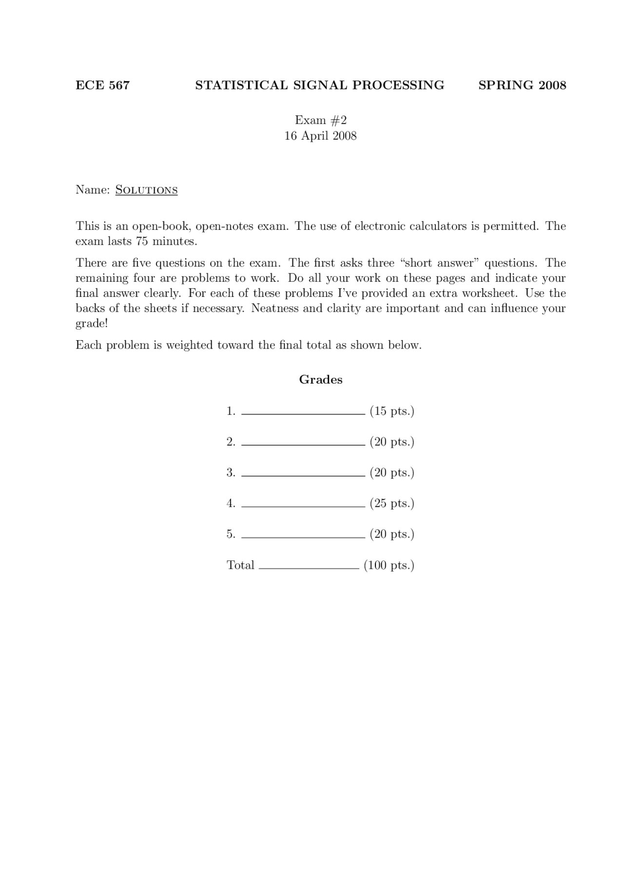 5 Problems On Statistical Signal Processing With Answers Exam 2 Ece