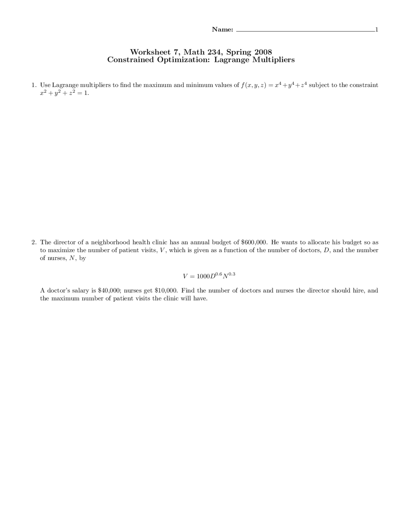 Constrained Optimization Lagrange Multipliers Worksheet 7 Math