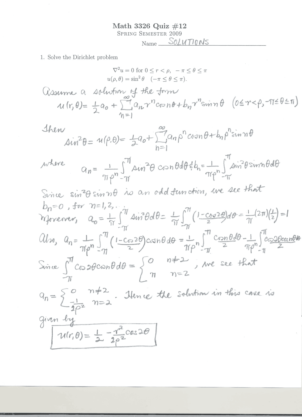 Math 3326 Quiz #12: Solutions for Spring Semester 2009 - Prof. Lance L. Littlejohn | Quizzes ...