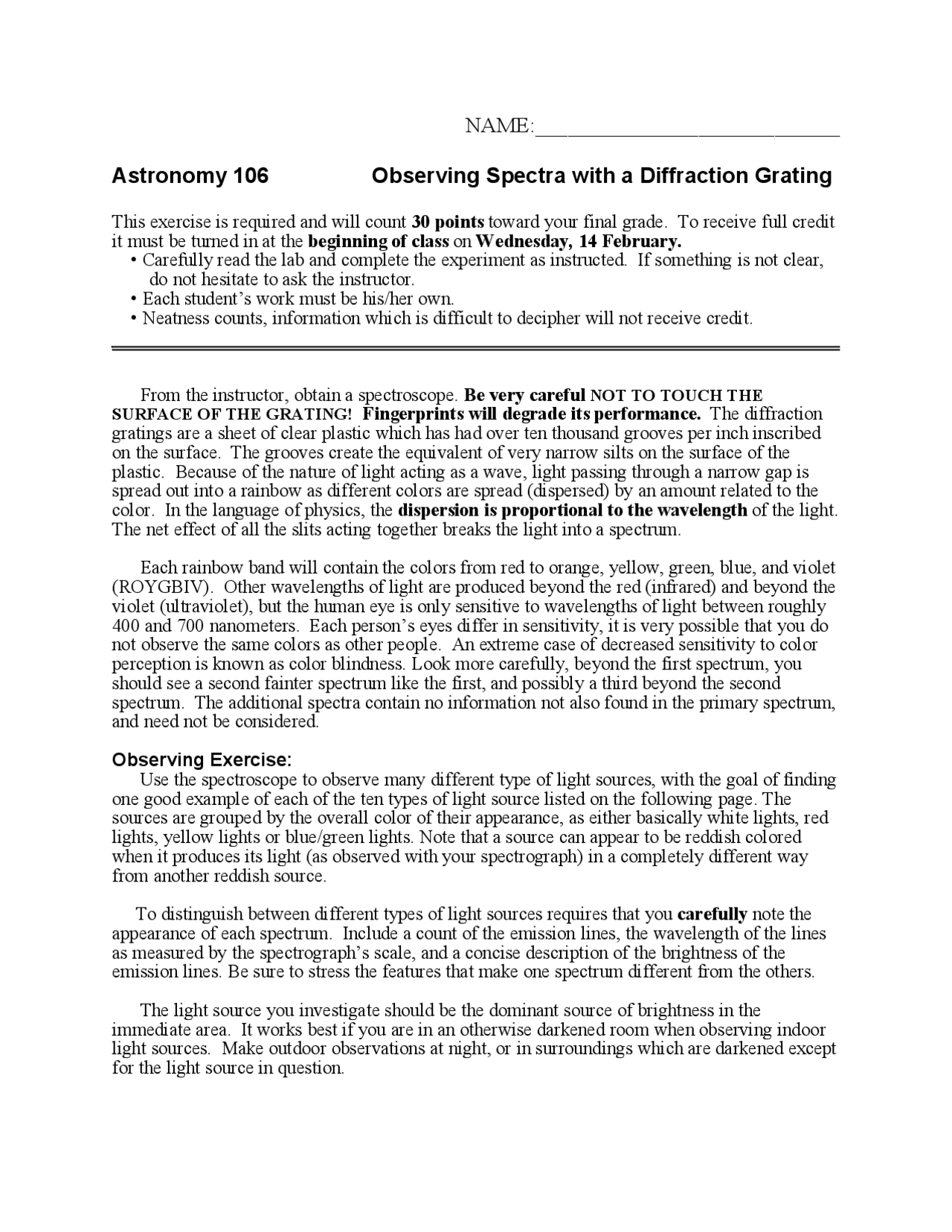 Observing Spectra With A Diffraction Grating Lecture Notes Astr 106